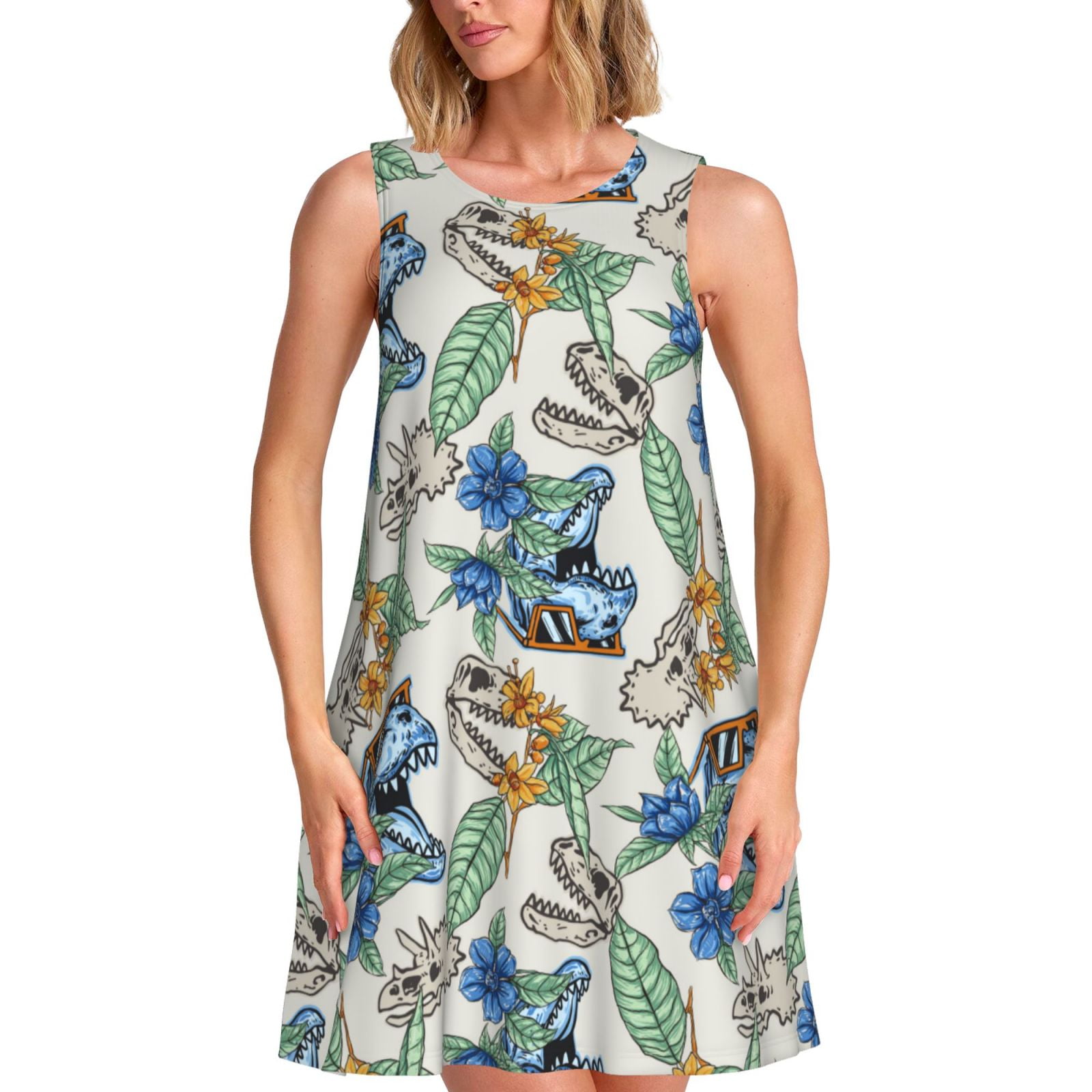 Uemuo Dinosaurs And Leaves Pattern Women’s Sleeveless Dress – Casual ...