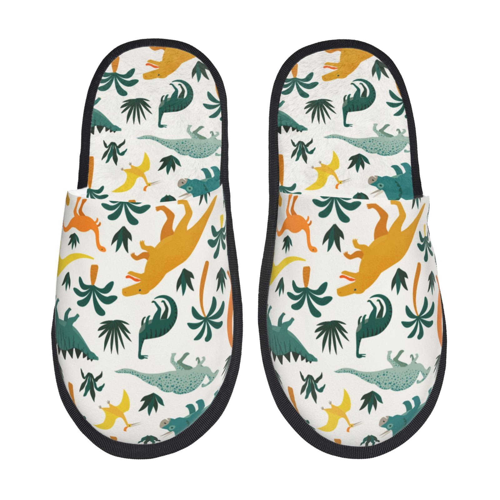 Uemuo Dinosaurs and Tropical Leaves Printe Plush Furry Slippers with EVA Sole for Men & Women ...
