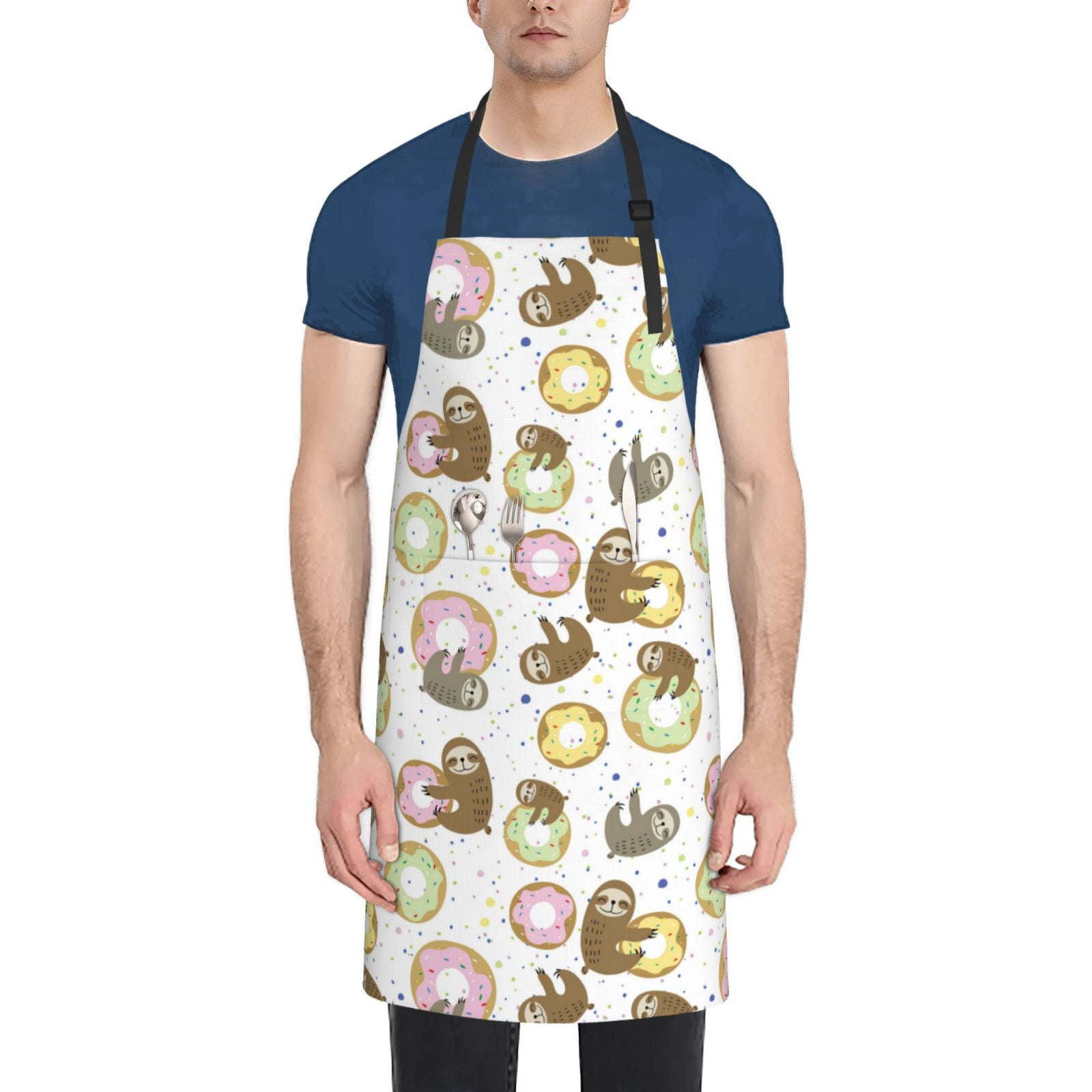 Uemuo Donut Sloth Pattern Waterproof Apron Adjustable Dishwasher Apron ...