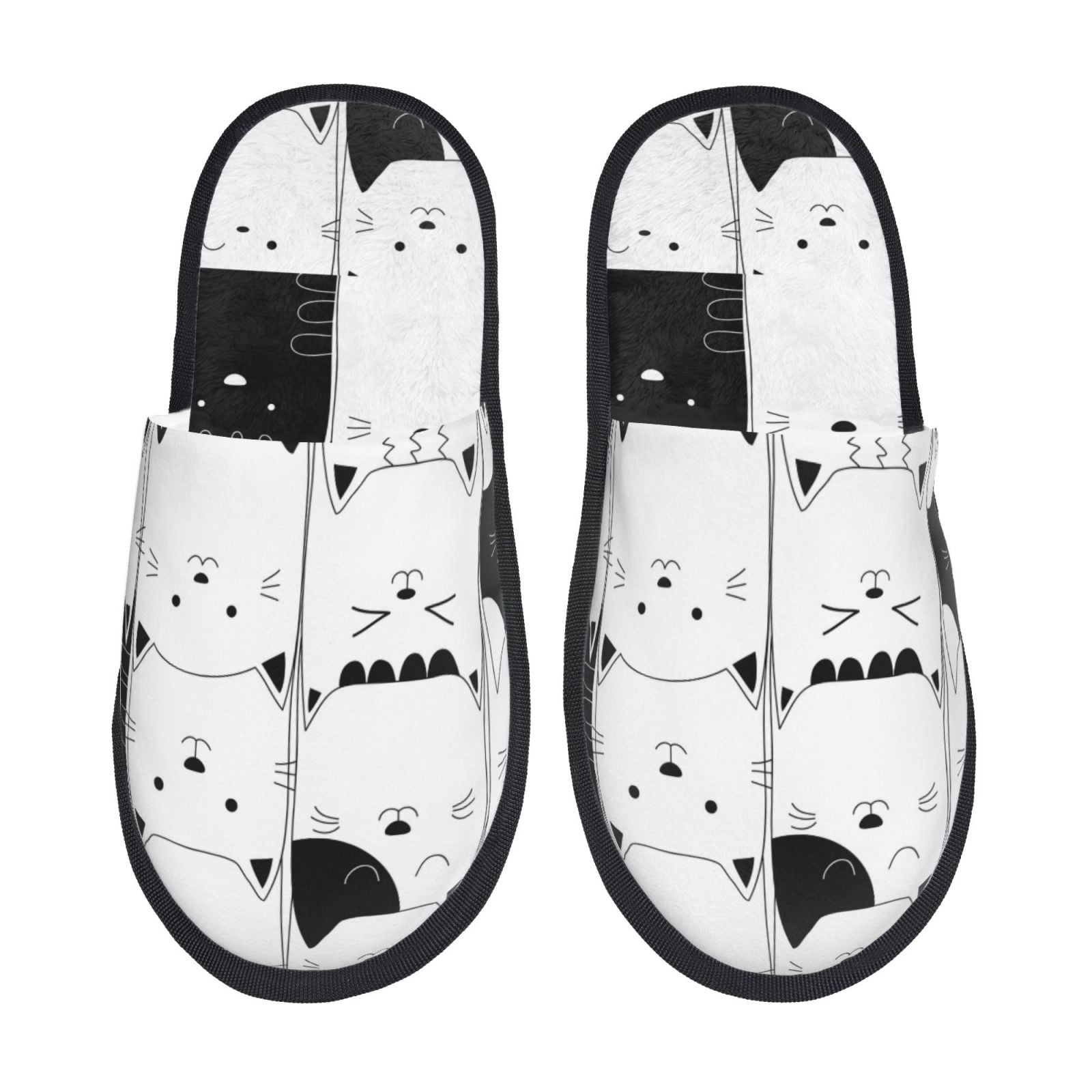 Uemuo Doodle Cute Cat Printe Plush Furry Slippers with EVA Sole for Men ...
