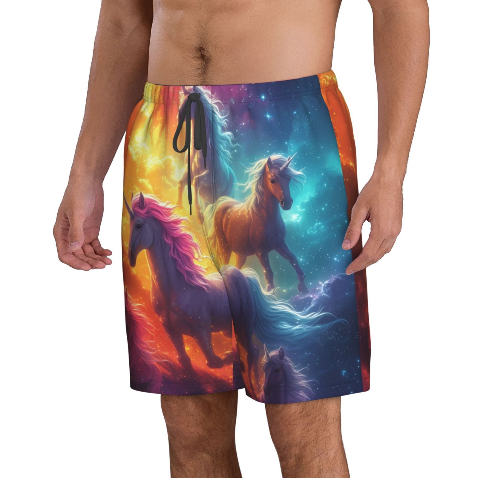 Uemuo Dreamy Night Sky White Horse Pattern Men's Swim Trunks Hawaiian ...