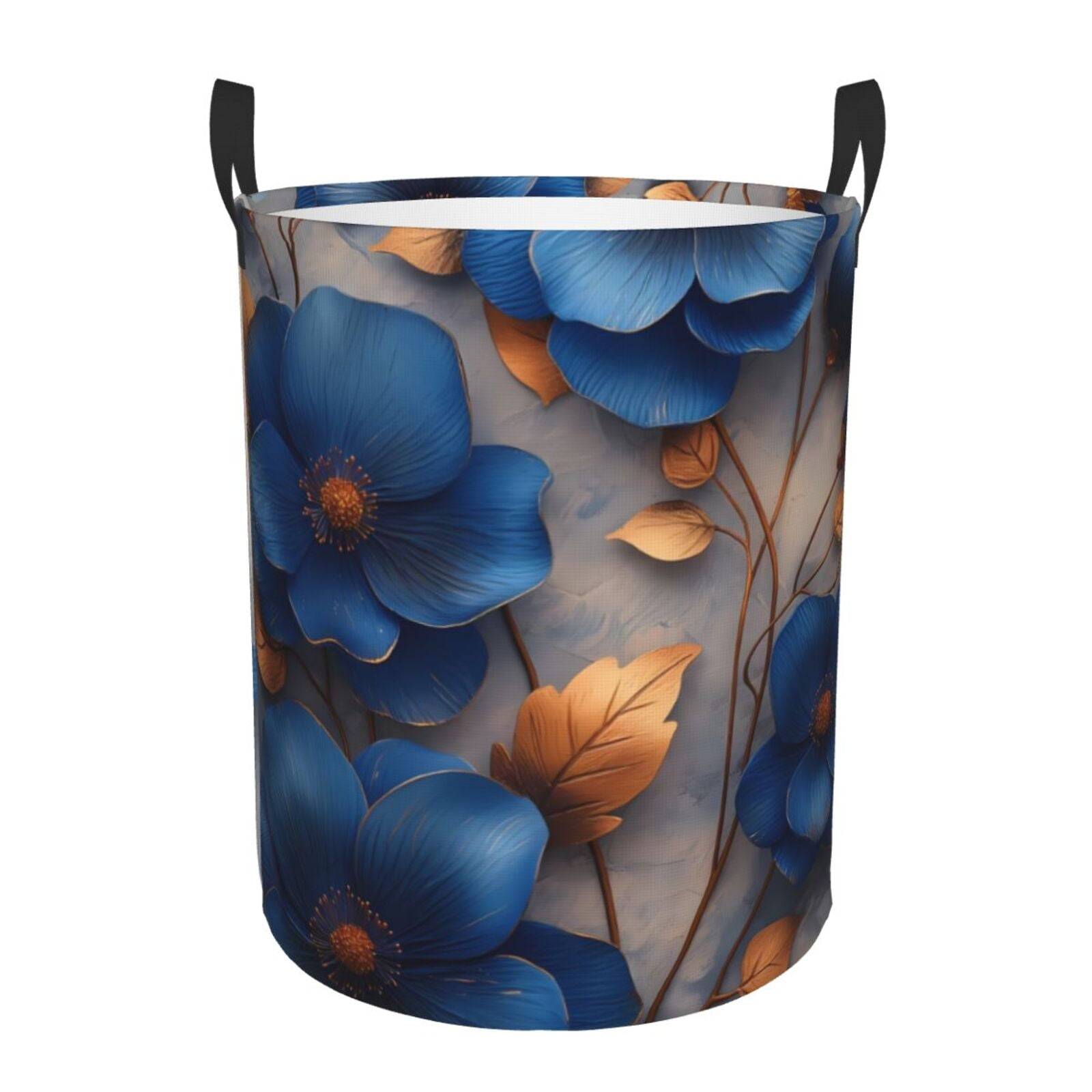 Uemuo Elegant Blue Gold Blooms Pattern Circular Laundry Hamper Basket ...