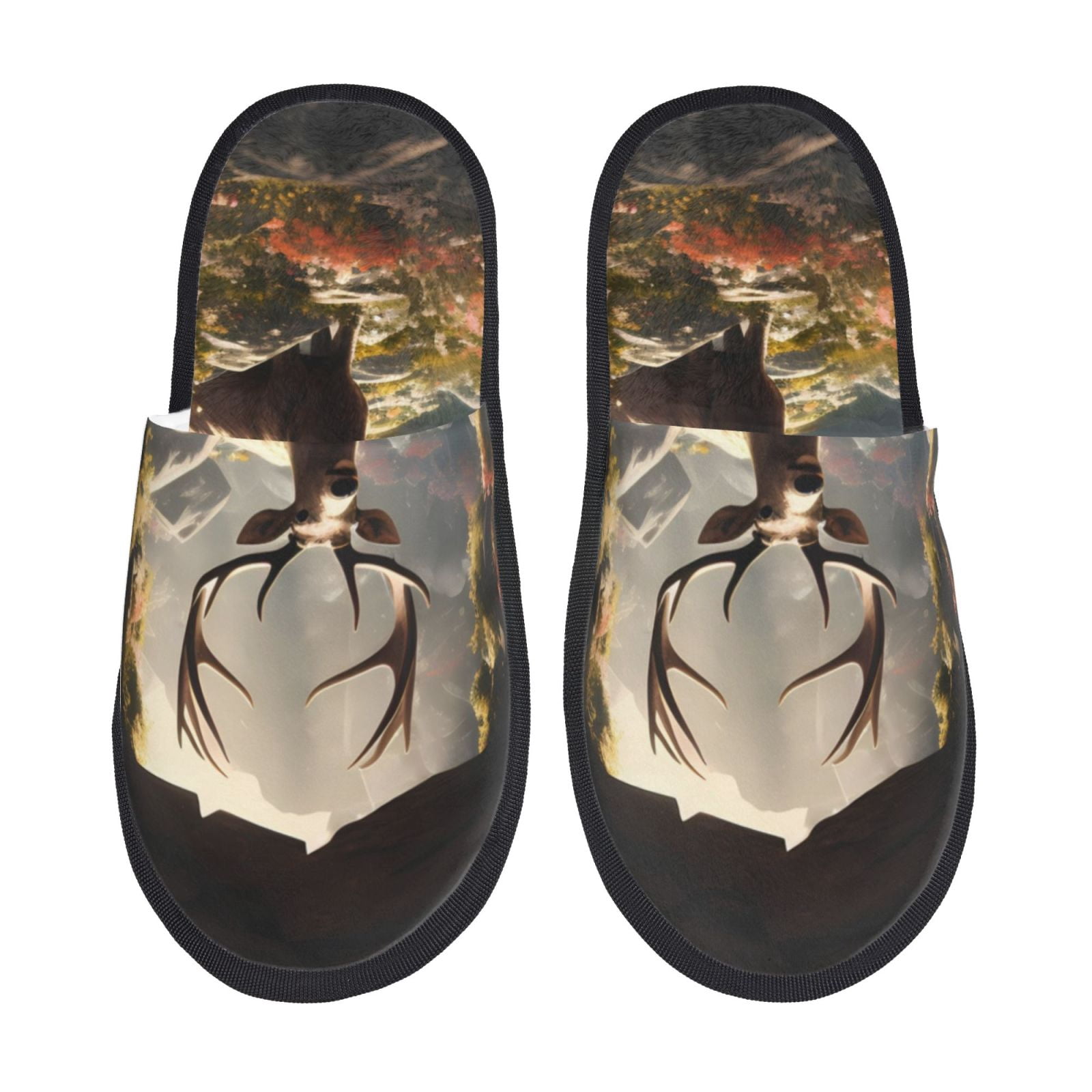 Uemuo Enchanted Deer In Cave Printe Plush Furry Slippers with EVA Sole ...