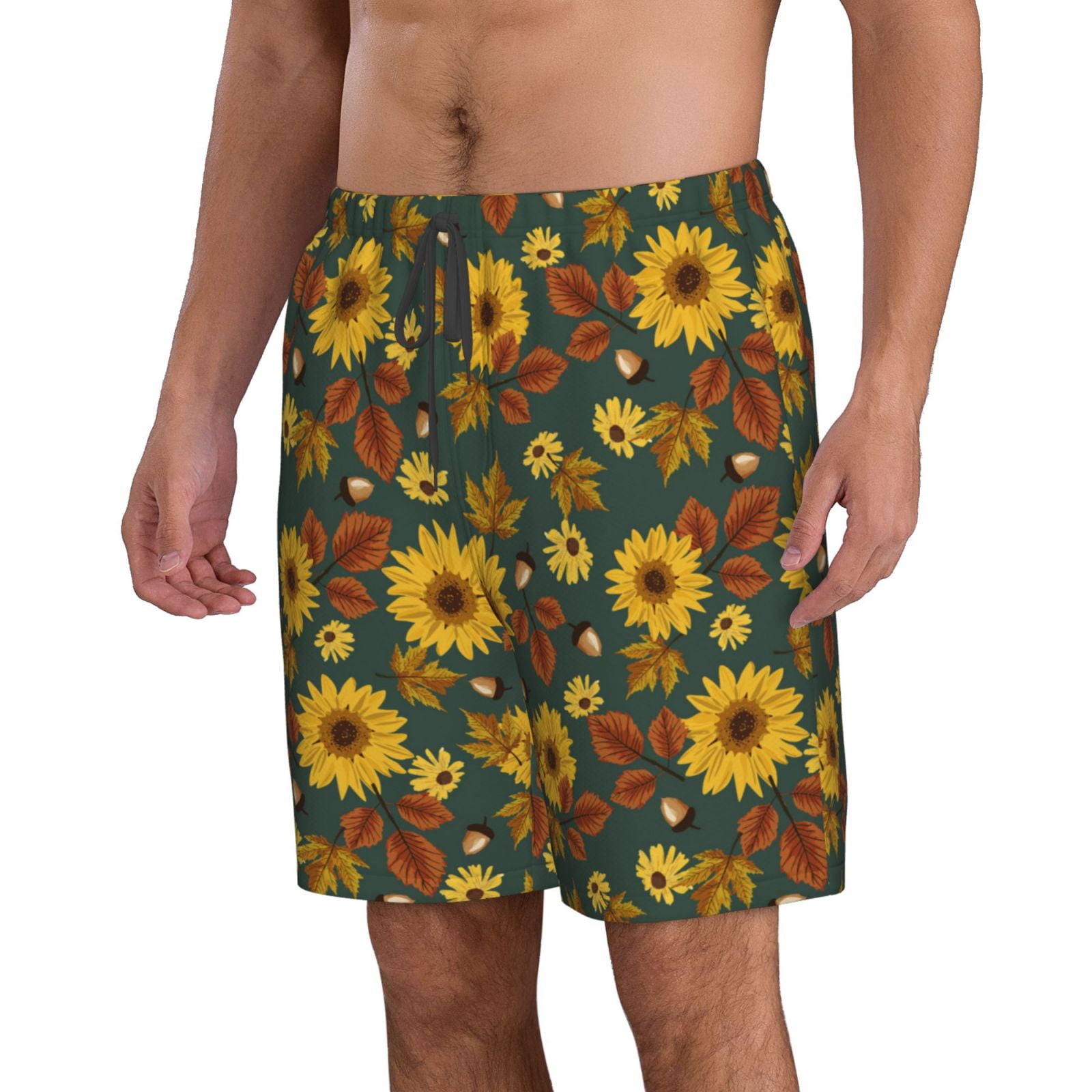 Uemuo Fall Daisy Leaf Nuts Pattern Men's Swim Trunks Hawaiian Beach ...