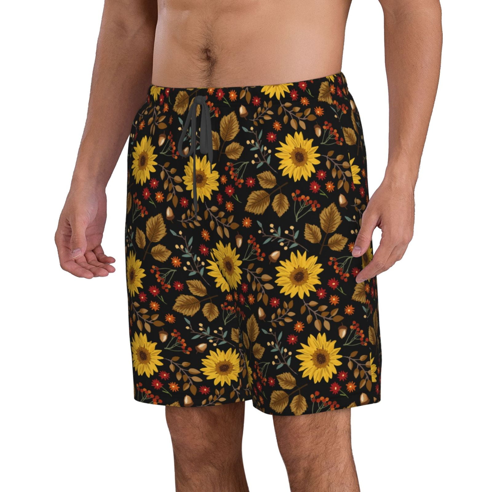 Uemuo Fall Daisy Leaf Pattern Men's Swim Trunks Hawaiian Beach Bathing Suit Swimsuits Beach ...