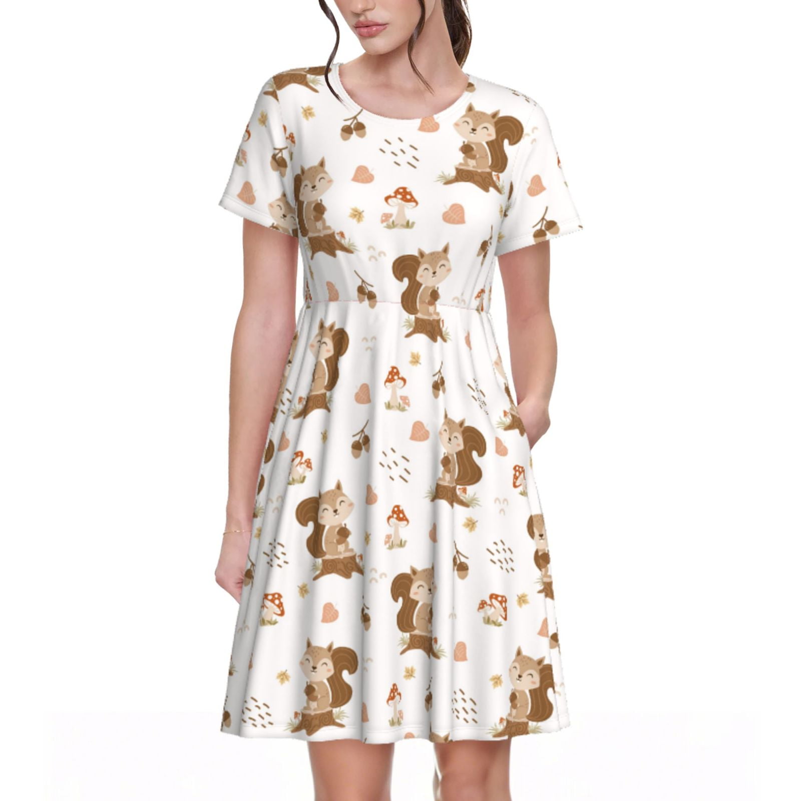 Uemuo Fall Squirrel Print Womens Summer Dress Casual Swing Short Sleeve ...