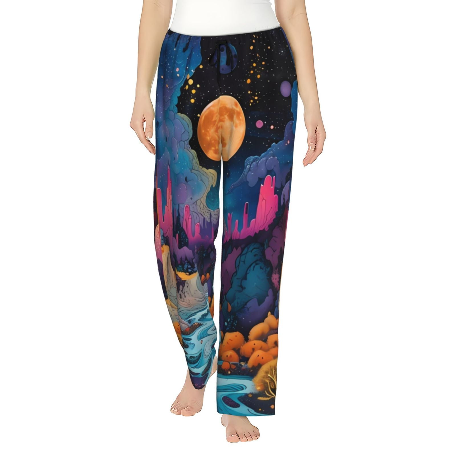 Uemuo Fantasy Cosmic Landscape Pattern Women's Wide Leg Palazzo Lounge Pants with Pockets Light ...