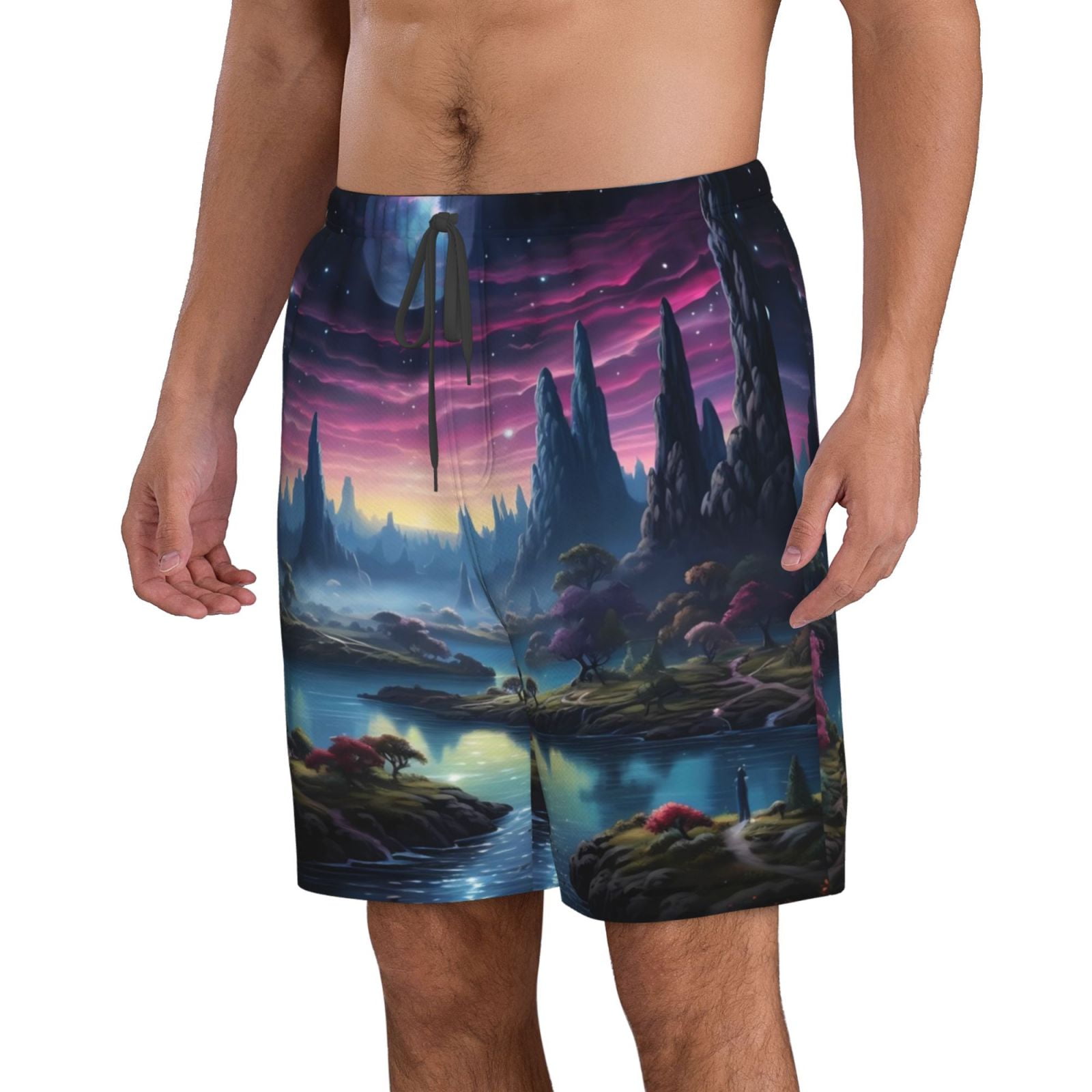Uemuo Fantasy Landscape Starry Night Pattern Men's Swim Trunks Hawaiian ...