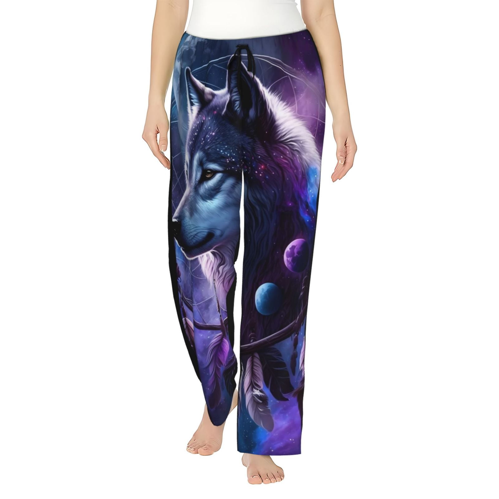 Uemuo Feathered Wolf Pattern Women's Wide Leg Palazzo Lounge Pants with ...
