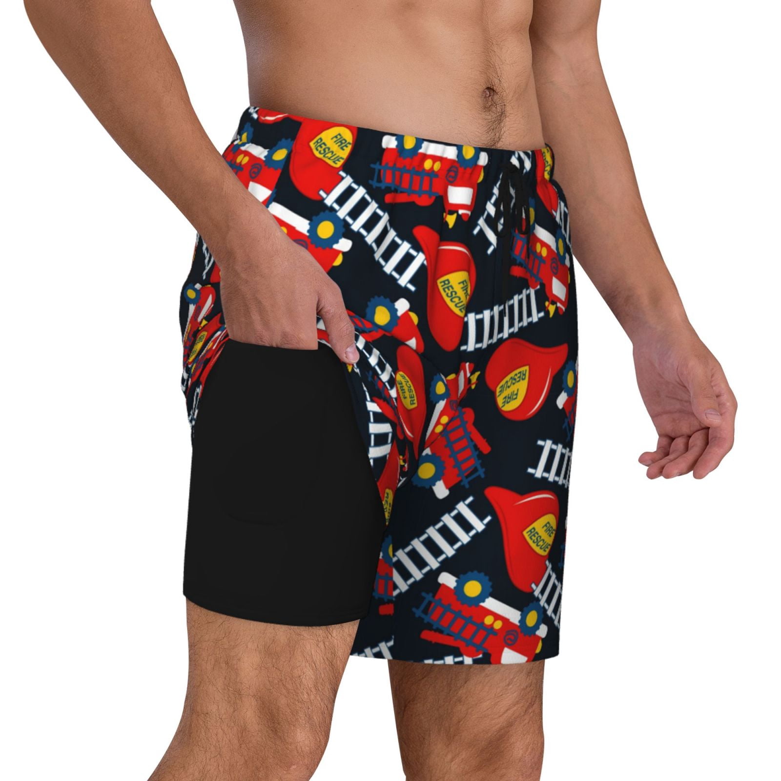 Uemuo Fire Rescue With Red Helmet And Truck Pattern Mens Swim Trunks ...