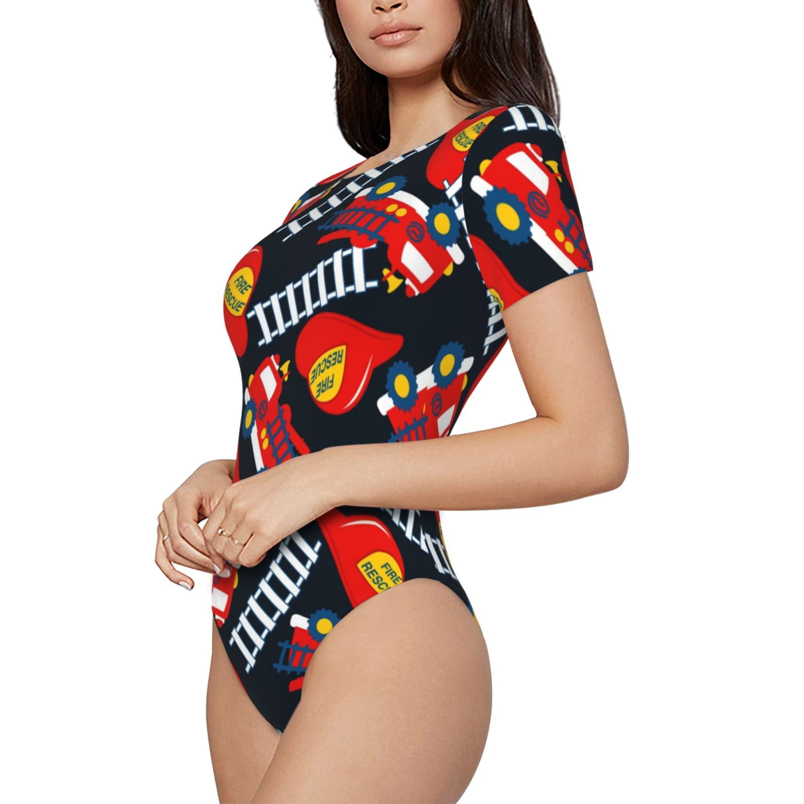 Uemuo Fire Rescue With Red Helmet And Truck Pattern Women's One Piece Short Sleeve Swimsuit Rash ...