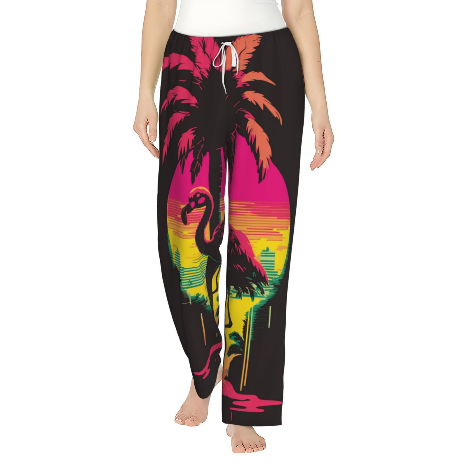 Uemuo Flamingo And Palm Trees At Sunset Pattern Women's Wide Leg ...
