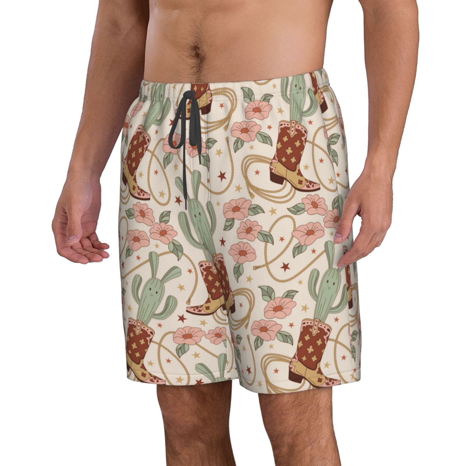 Uemuo Floral Cowboy Boots Pattern Men's Swim Trunks Hawaiian Beach ...