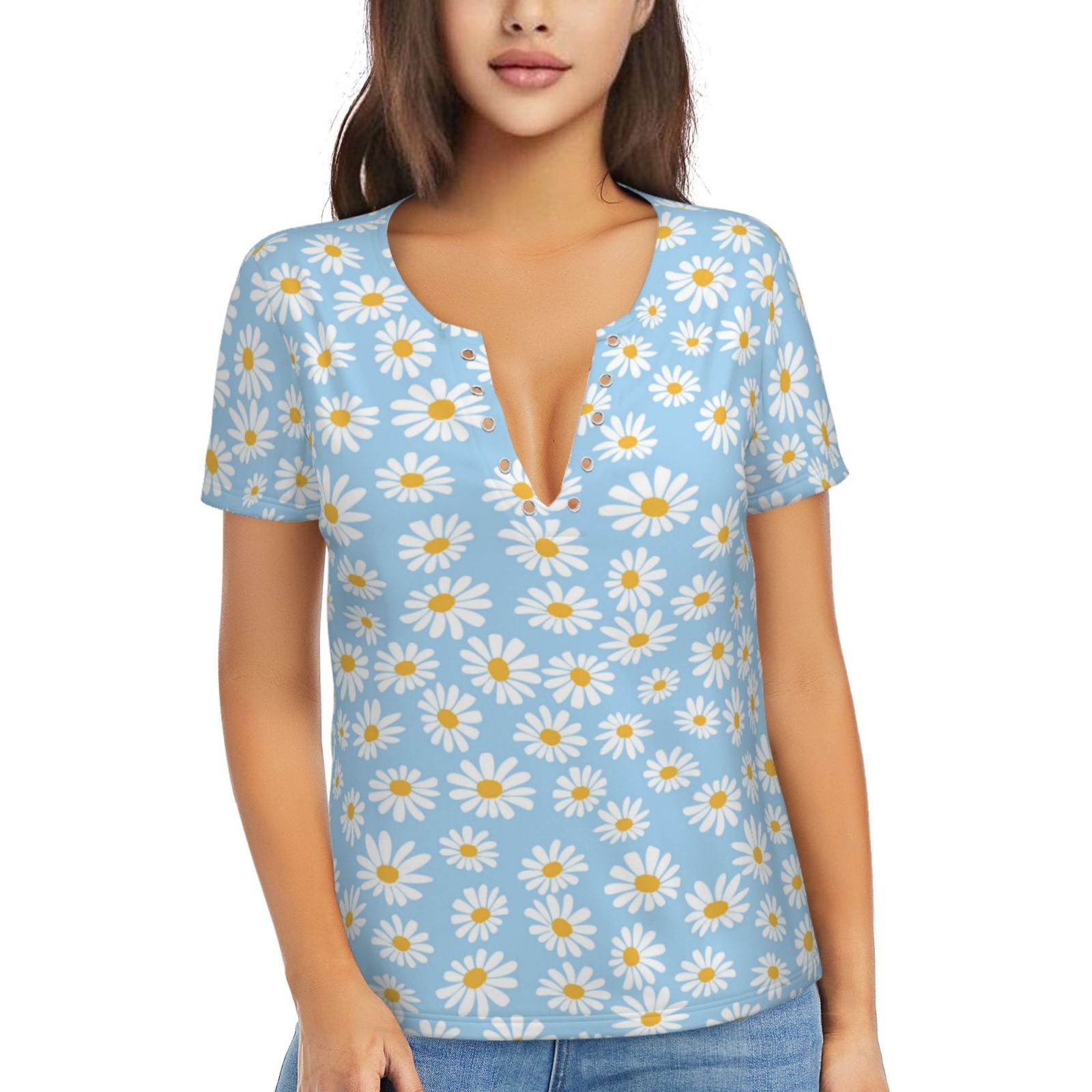 Uemuo Floral Daisy Drawing Women's Deep V-Neck Low Cut Tops - Casual ...