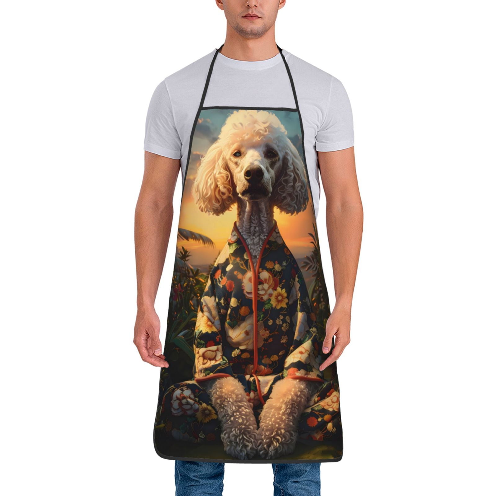 Uemuo Flower Field Poodle Printed Bib Apron, Adjustable , Water and Oil ...