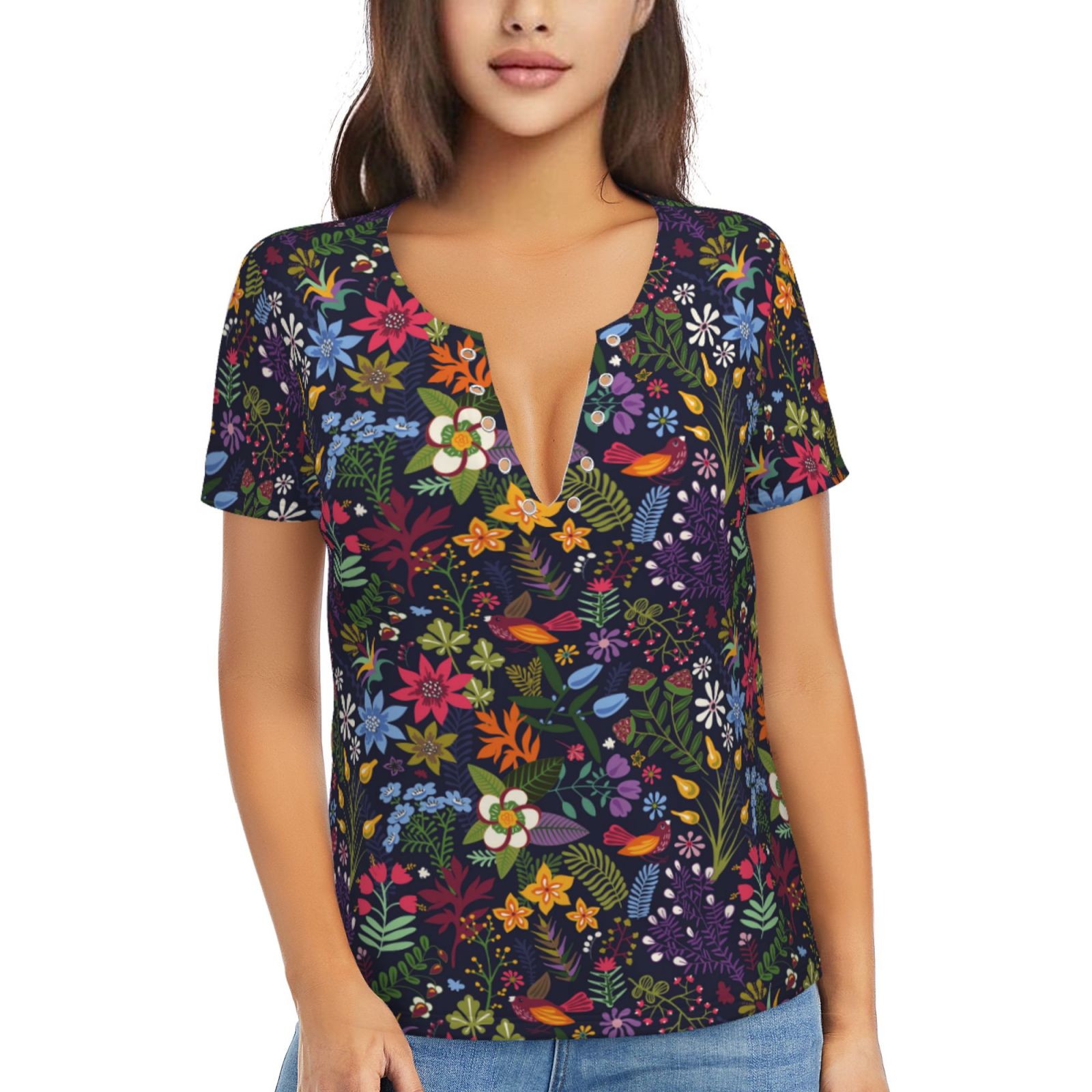 Uemuo Flowers And Birds Drawing Women's Deep V-Neck Low Cut Tops ...