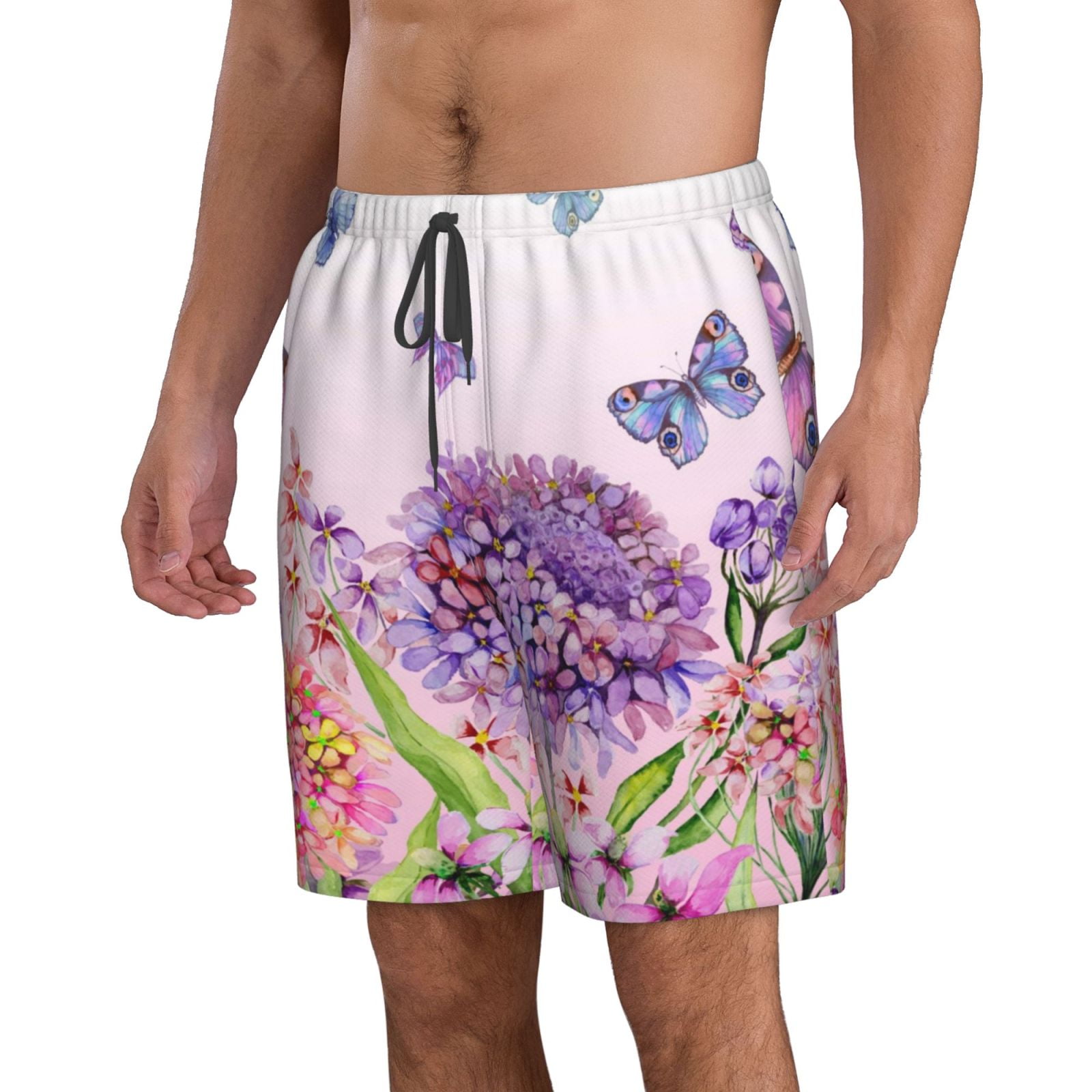 Uemuo Flowers And Colorful Butterflies Pattern Men's Swim Trunks ...