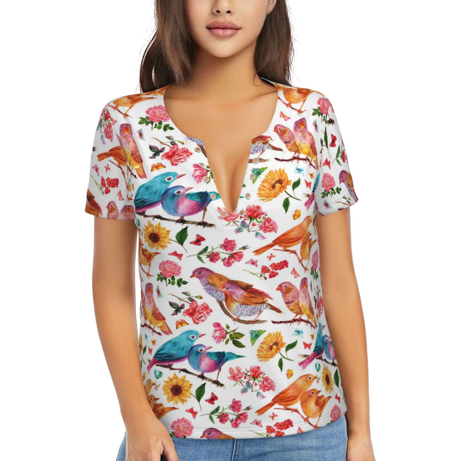 Uemuo Flowers Birds And Butterflies Drawing Women's Deep V-Neck Low Cut ...