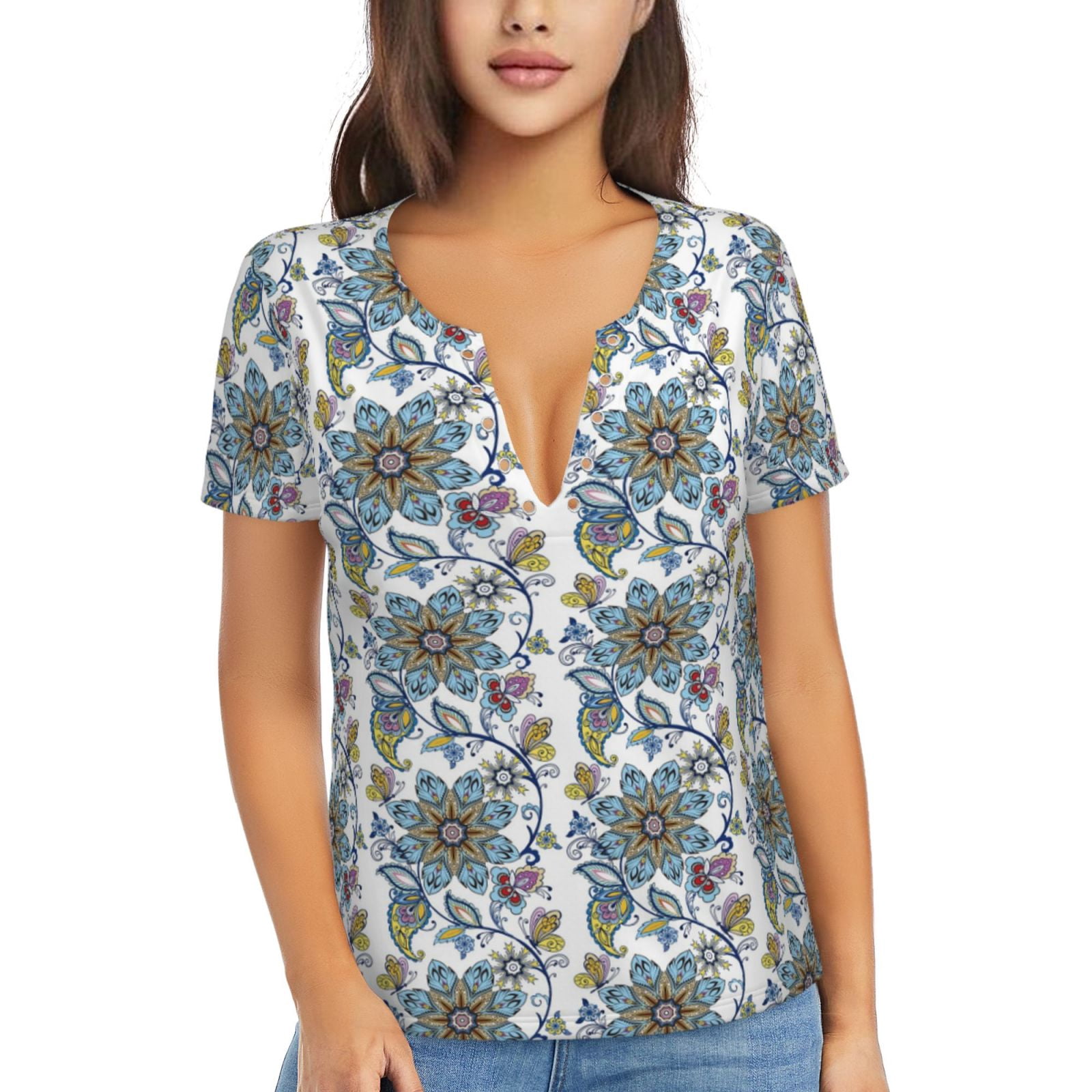 Uemuo Flowers and Butterflies Drawing Women's Deep V-Neck Low Cut Tops ...