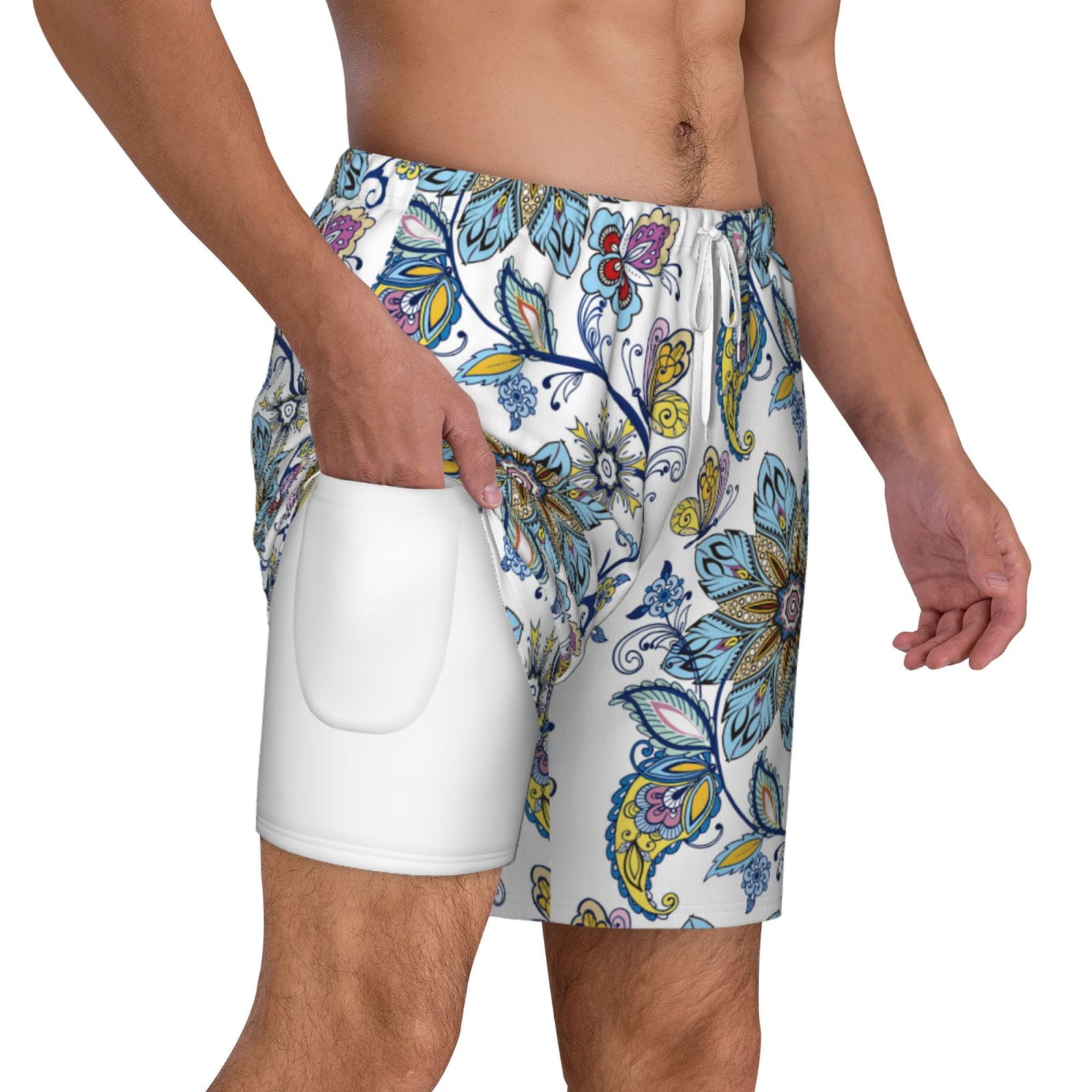 Uemuo Flowers And Butterflies Pattern Mens Swim Trunks Quick Dry Board
