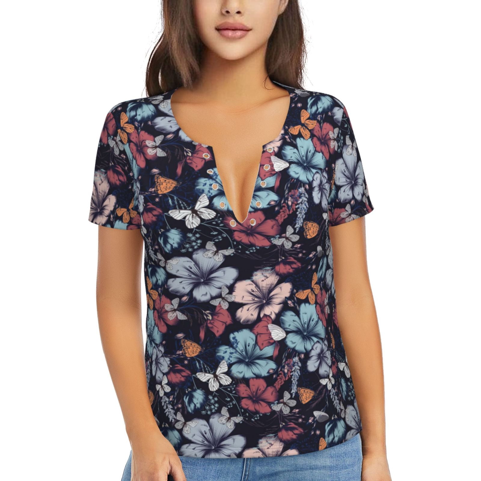 Uemuo Flowers ad Butterflies Drawing Women's Deep V-Neck Low Cut Tops ...