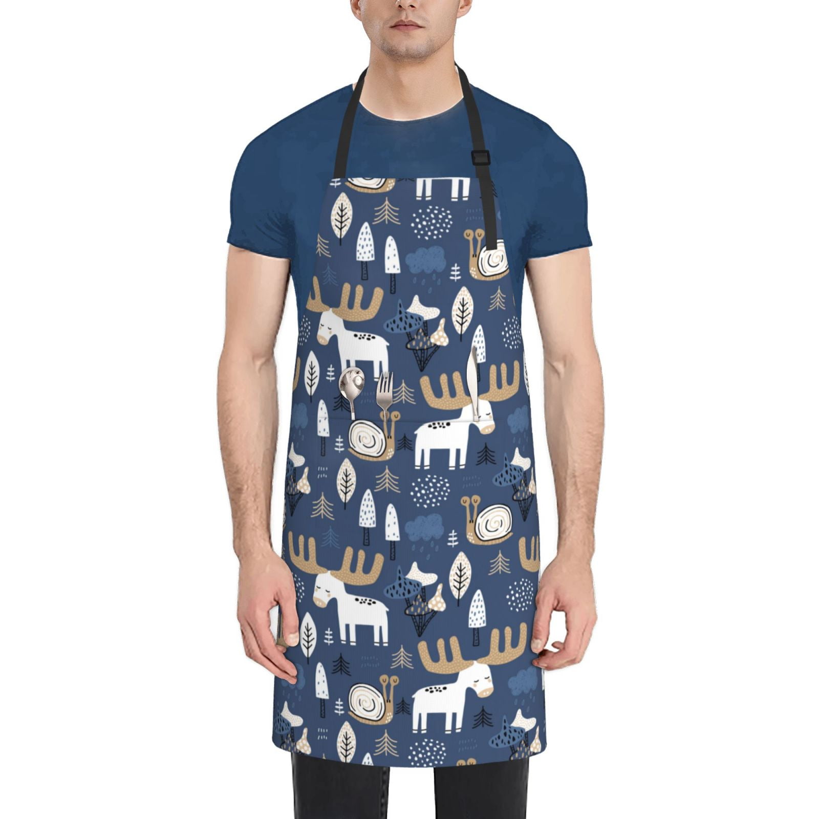 Uemuo Forest Elk Pattern Waterproof Apron Adjustable Dishwasher Apron ...