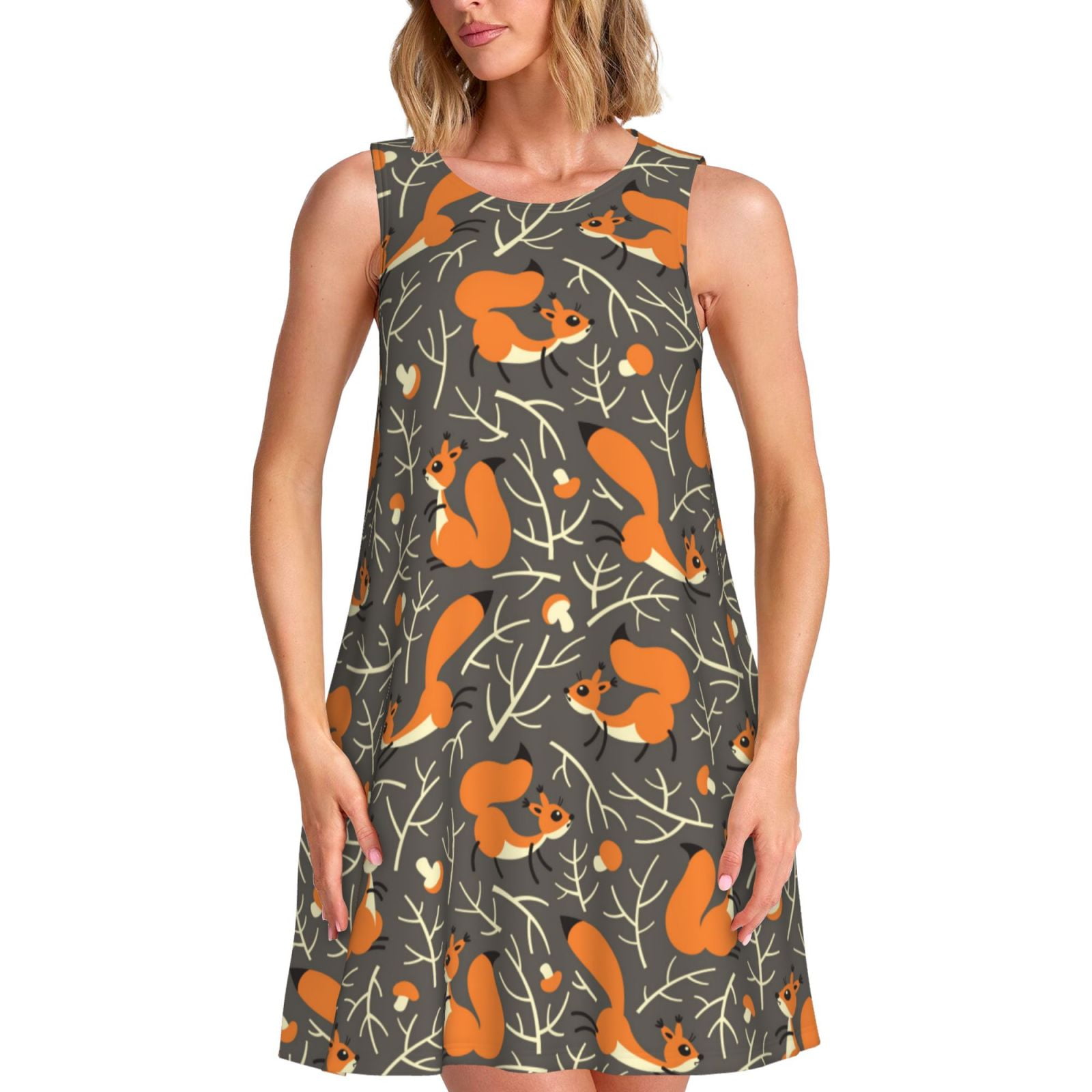 Uemuo Fox And Mushroom Pattern Women’s Sleeveless Dress – Casual Summer ...