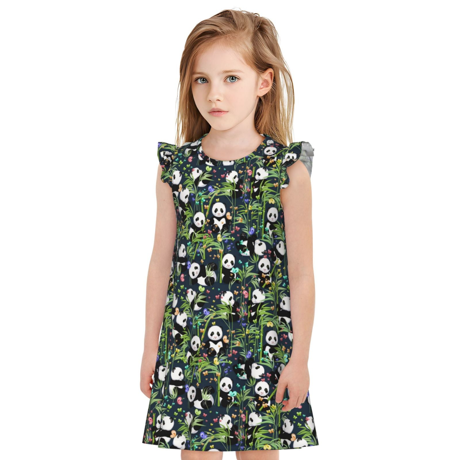 Uemuo Fun Panda Playing With Bamboo Leaves Printed Girls Nightgowns Cute Princess Sleepwear ...