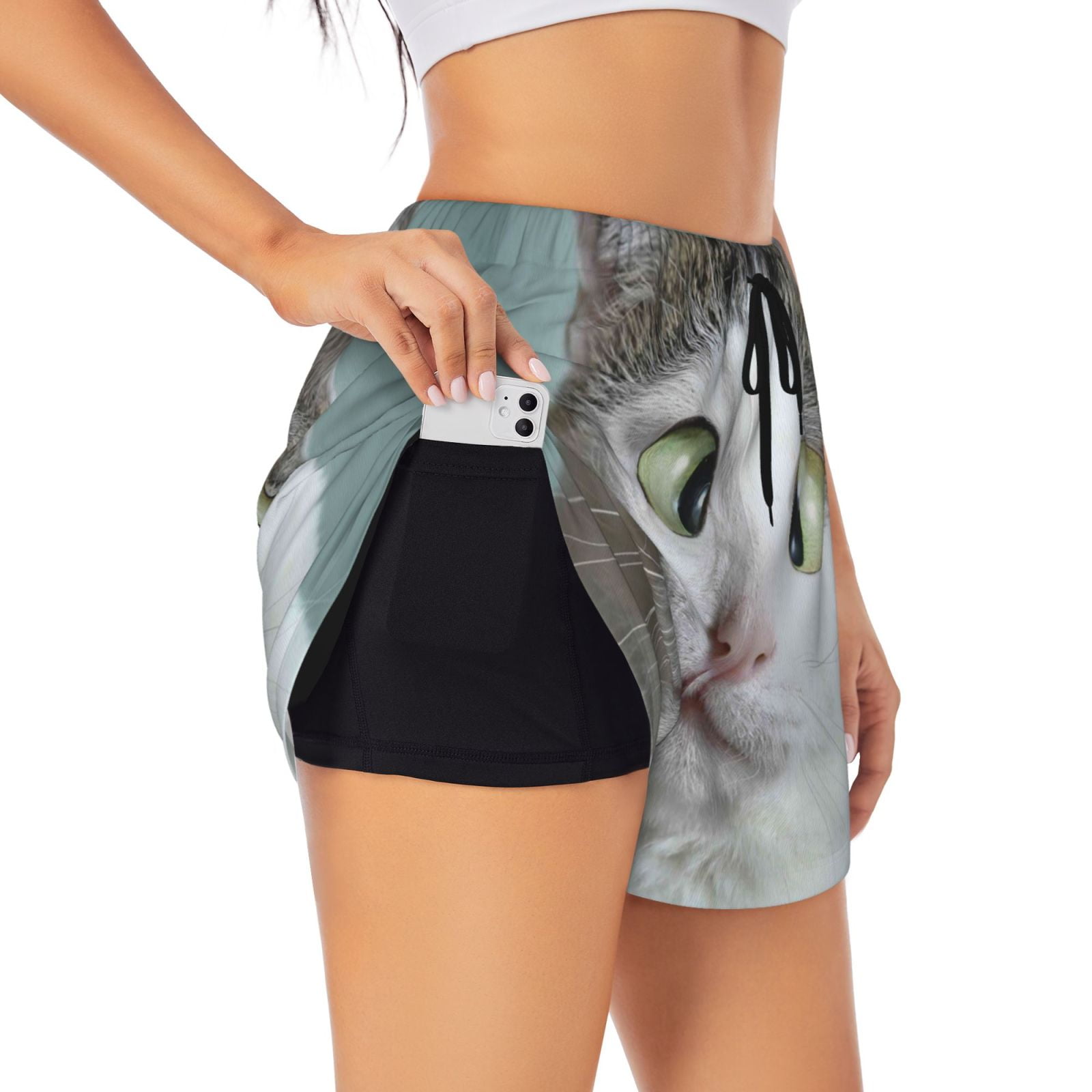 Uemuo Funny Cat Pattern Women's Athletic Shorts High Waisted Running ...