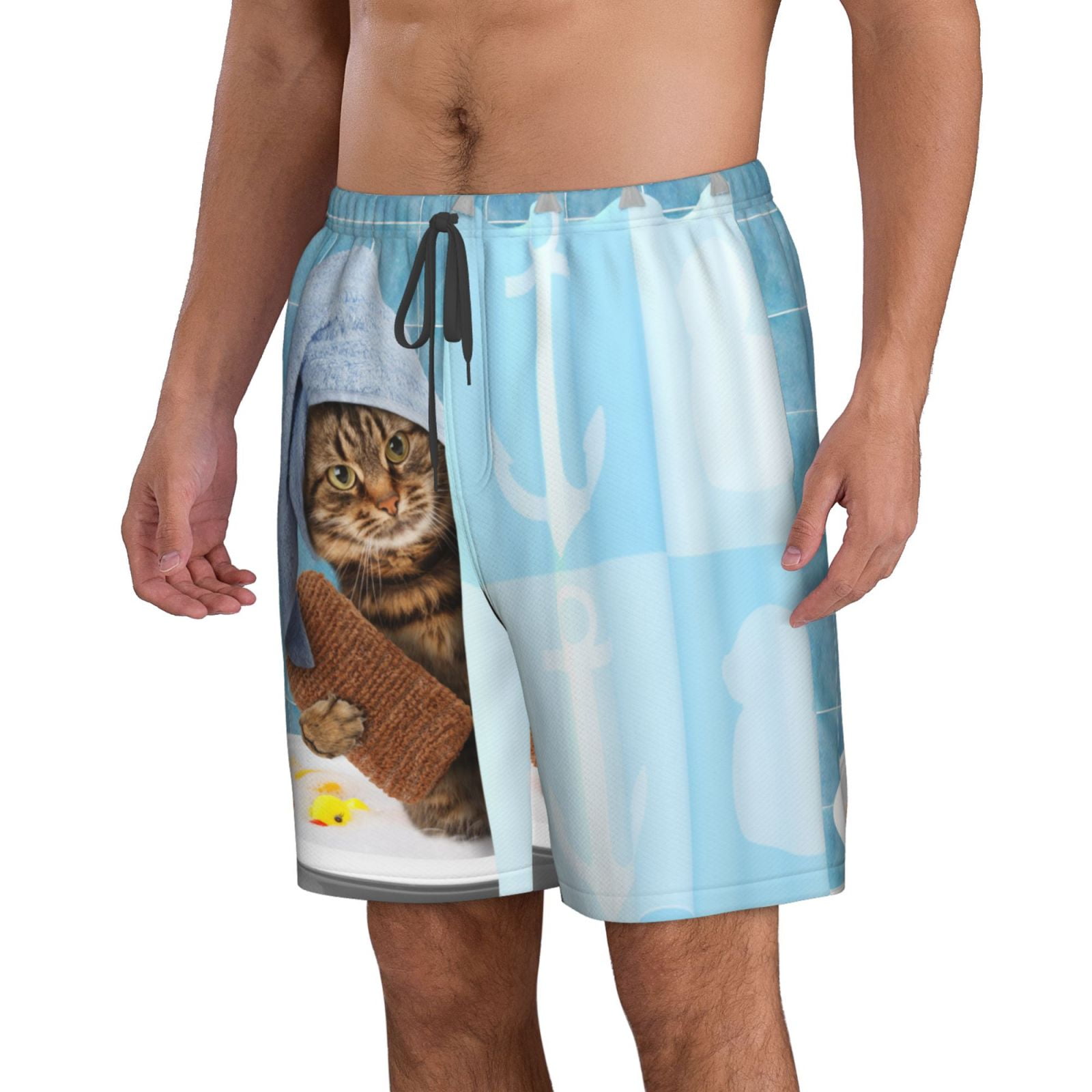 Uemuo Funny Cat Taking a Bath Pattern Men's Swim Trunks Hawaiian Beach ...