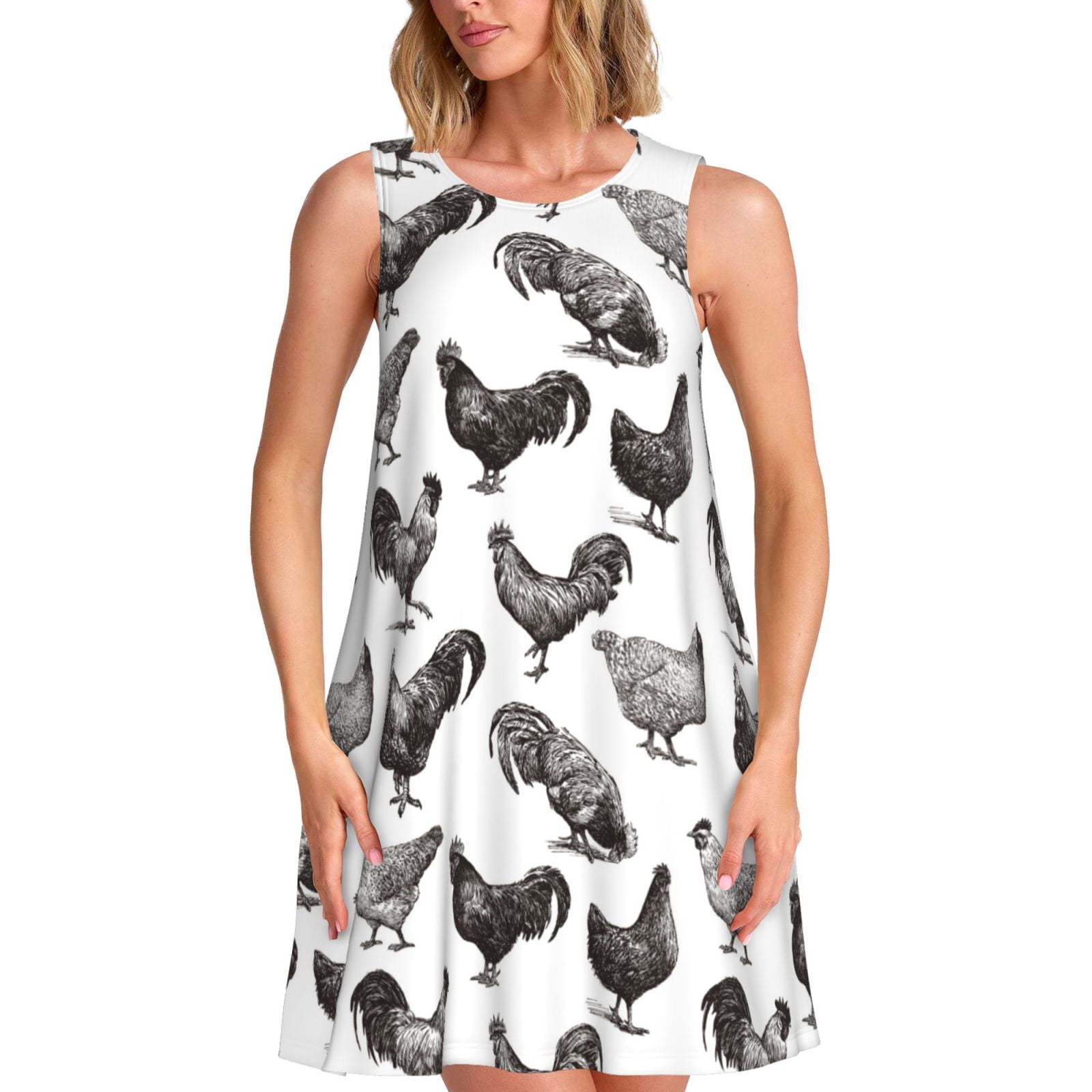 Uemuo Funny Chicken Pattern Women’s Sleeveless Dress – Casual Summer A ...