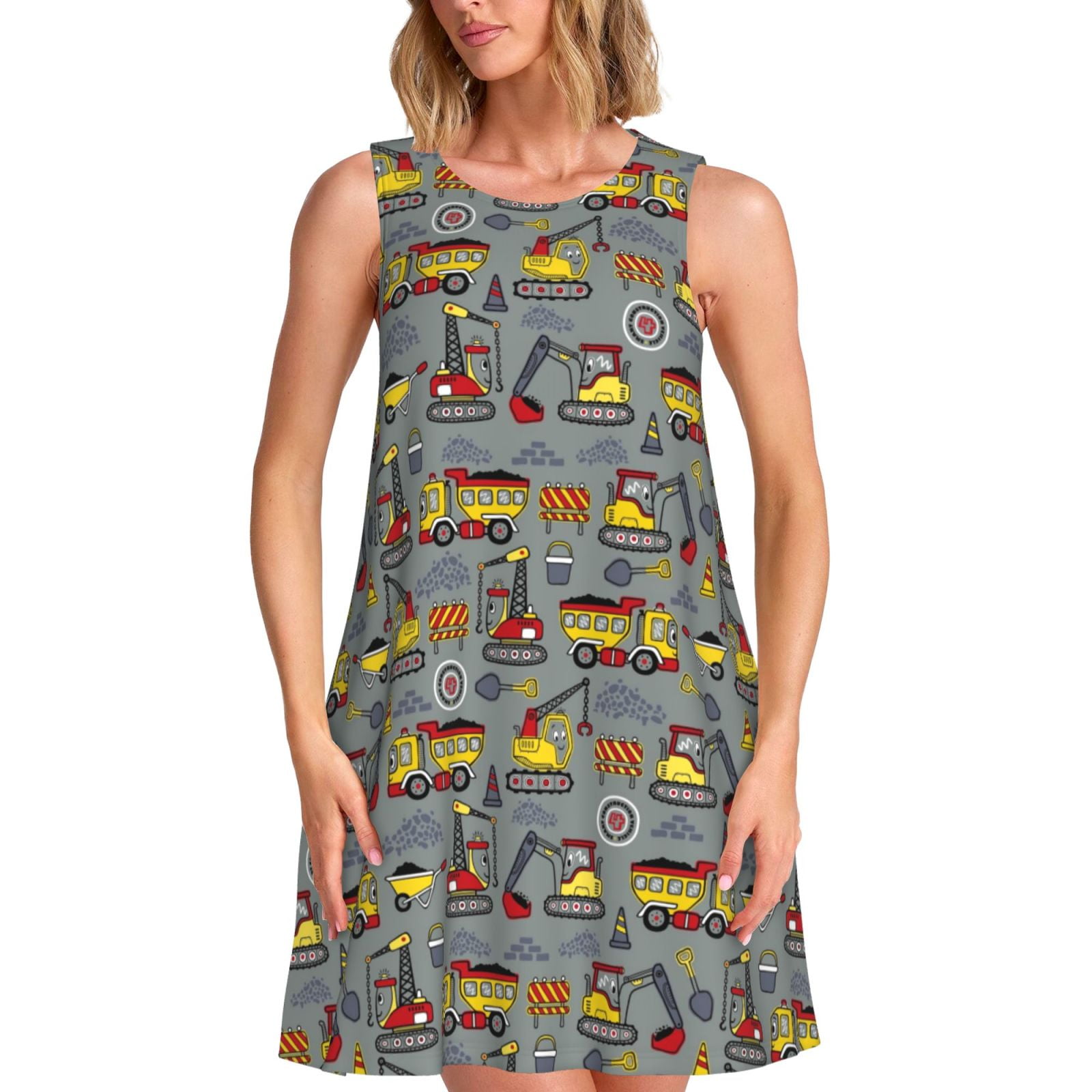 Uemuo Funny Construction Pattern Women’s Sleeveless Dress – Casual ...