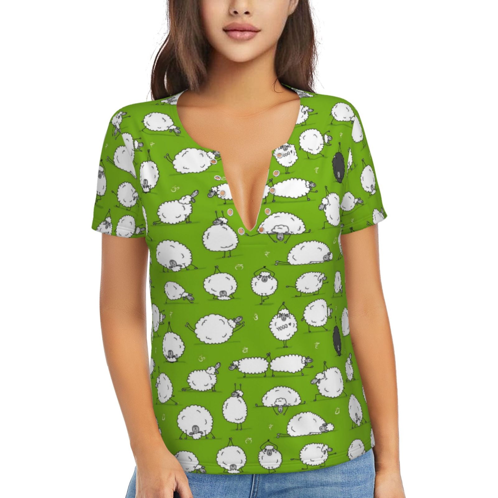 Uemuo Funny Sheep Doing Yoga Drawing Women's Deep V-Neck Low Cut Tops ...