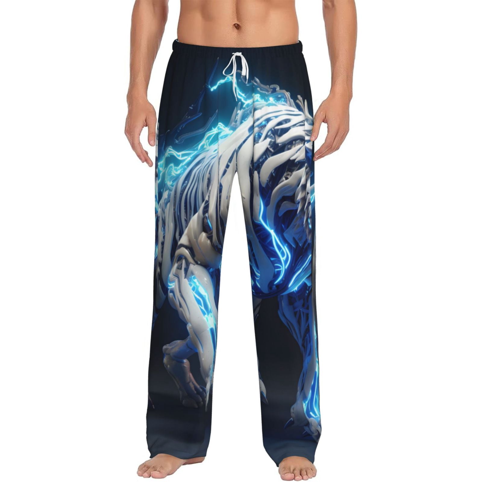 Uemuo Futuristic Blue Light White Tiger Pattern Men's Wide Leg Palazzo ...