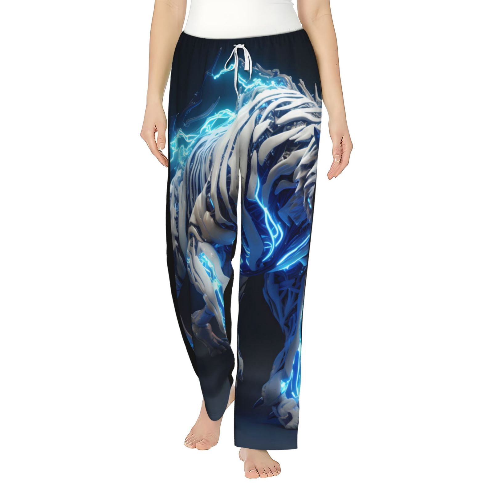 Uemuo Futuristic Blue Light White Tiger Pattern Women's Wide Leg ...