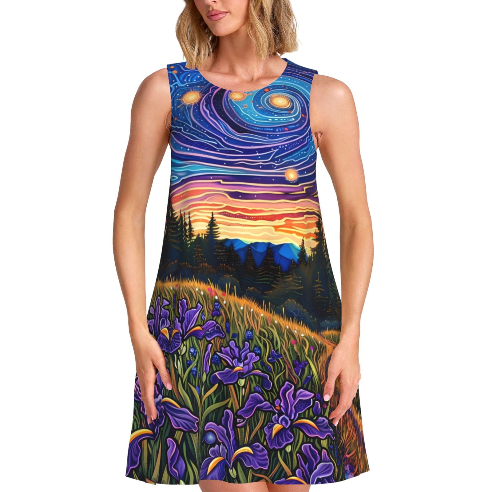 Uemuo Galactic Night Over Meadow Pattern Women’s Sleeveless Dress ...