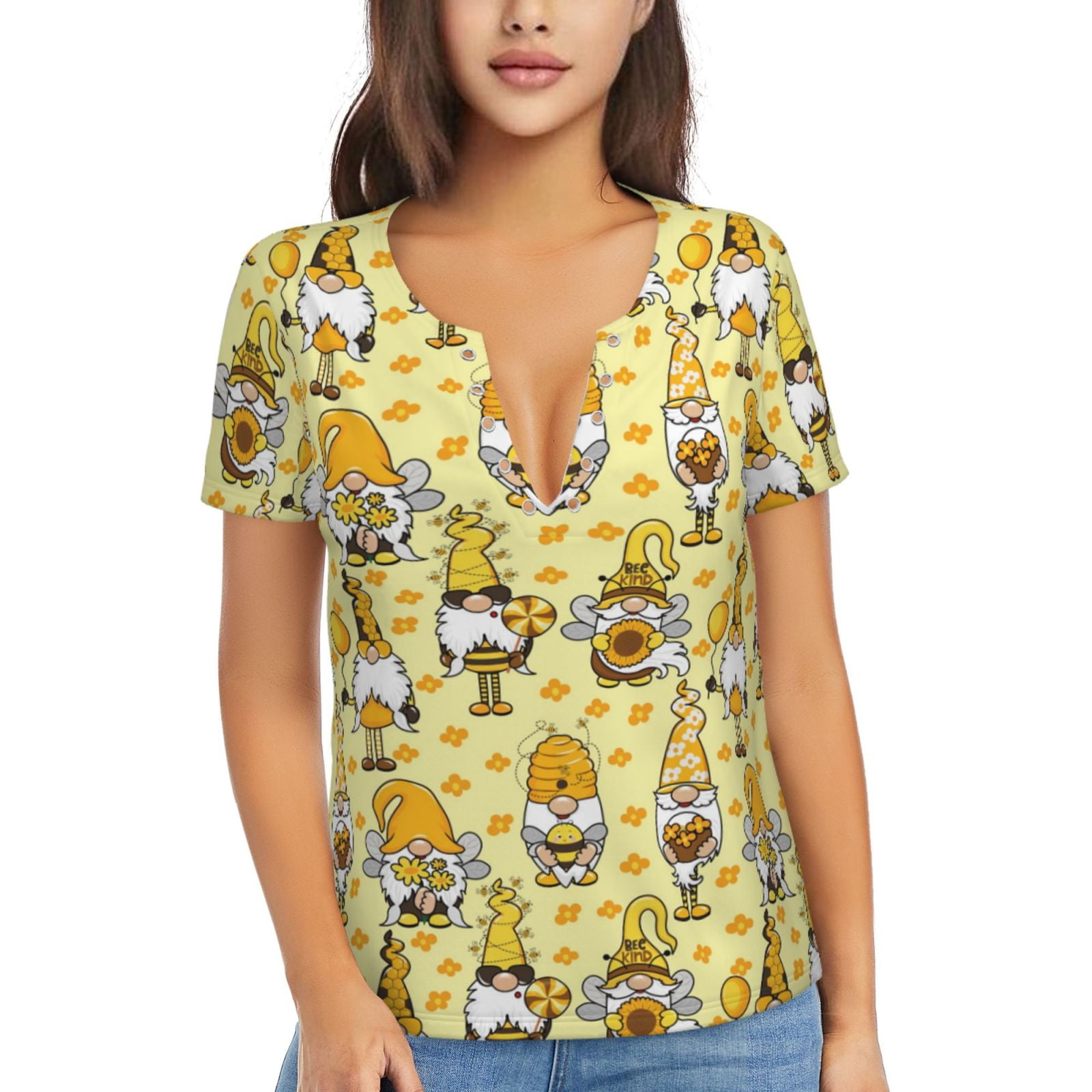 Uemuo Garden Honeybee Gnomes Drawing Women's Deep V-Neck Low Cut Tops ...