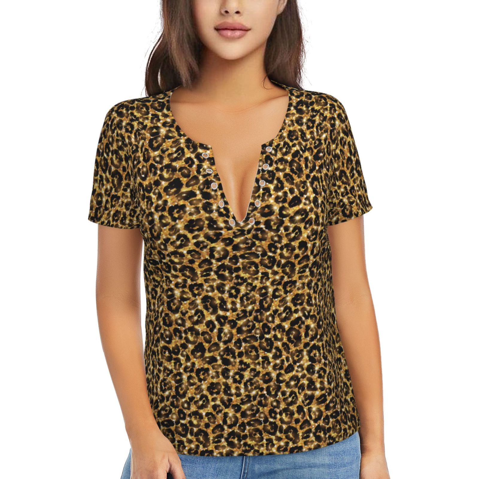 Uemuo Gold Glitter Leopard Drawing Women's Deep V-Neck Low Cut Tops ...