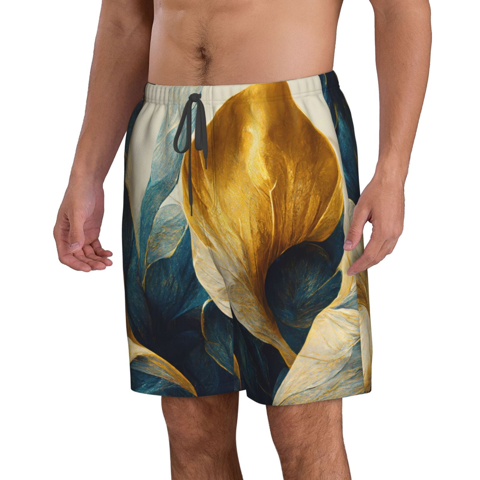 Uemuo Golden Blue Leaf Design Pattern Men's Swim Trunks Hawaiian Beach ...