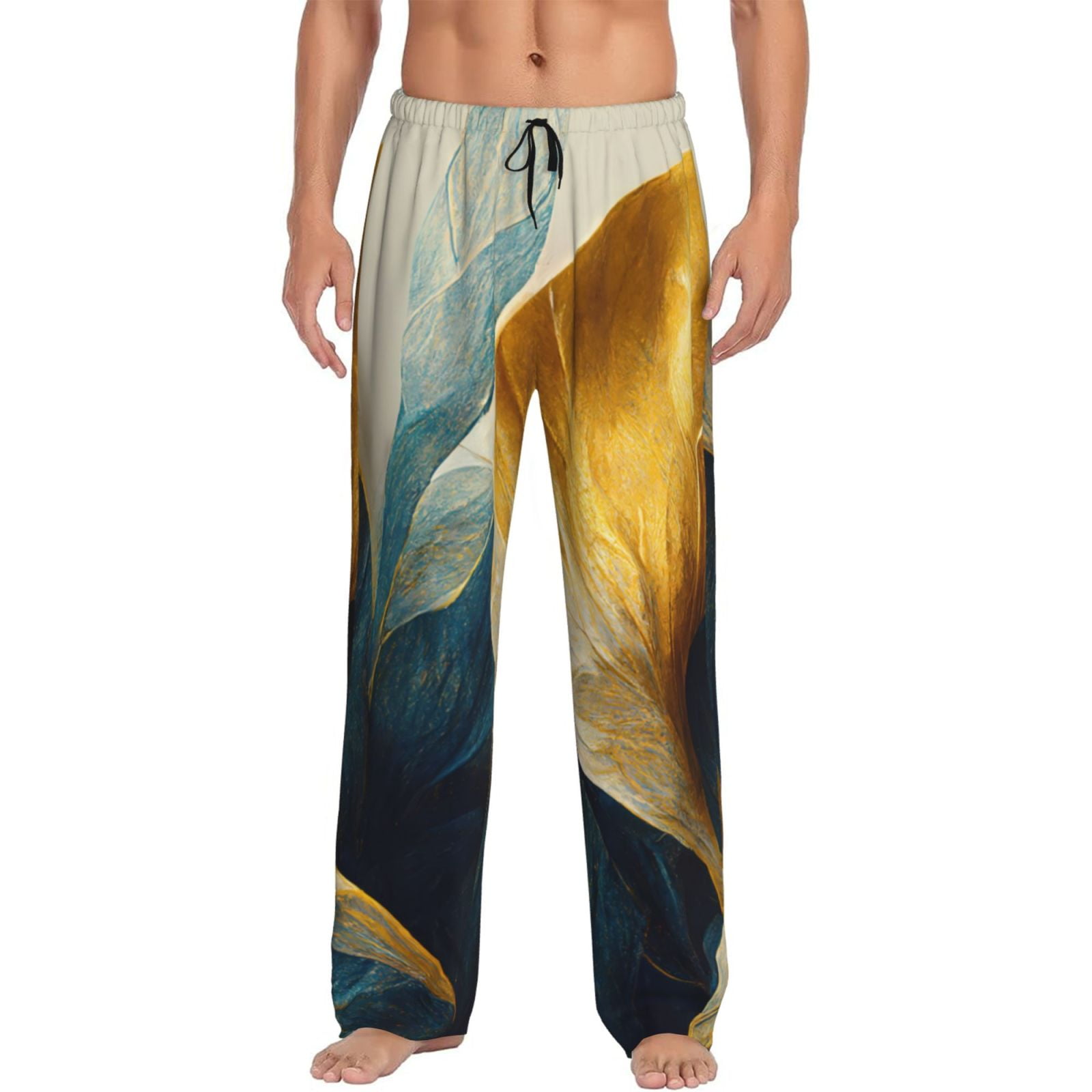 Uemuo Golden Blue Leaf Design Pattern Men's Wide Leg Palazzo Lounge ...
