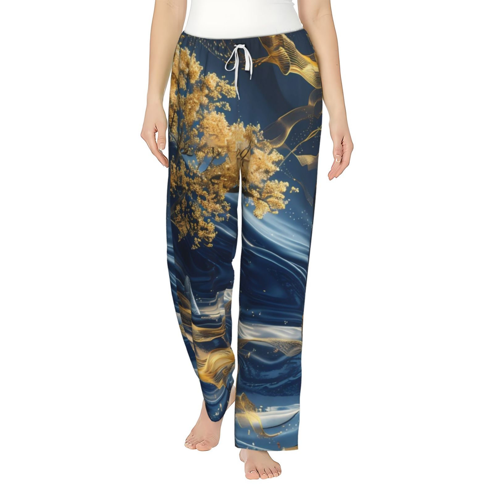 Uemuo Golden Fantasy Landscape Pattern Women's Wide Leg Palazzo Lounge Pants with Pockets Light ...