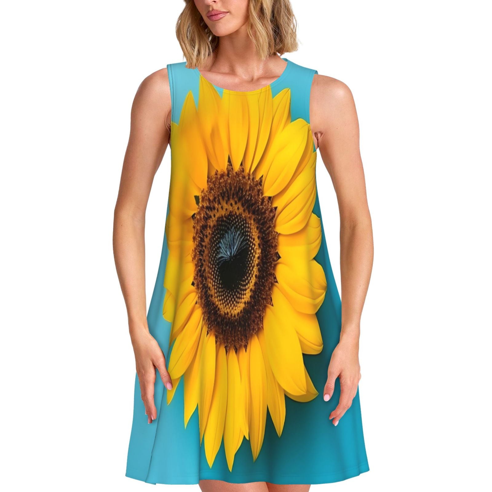 Uemuo Golden Sunflower in Blue Pattern Women’s Sleeveless Dress ...