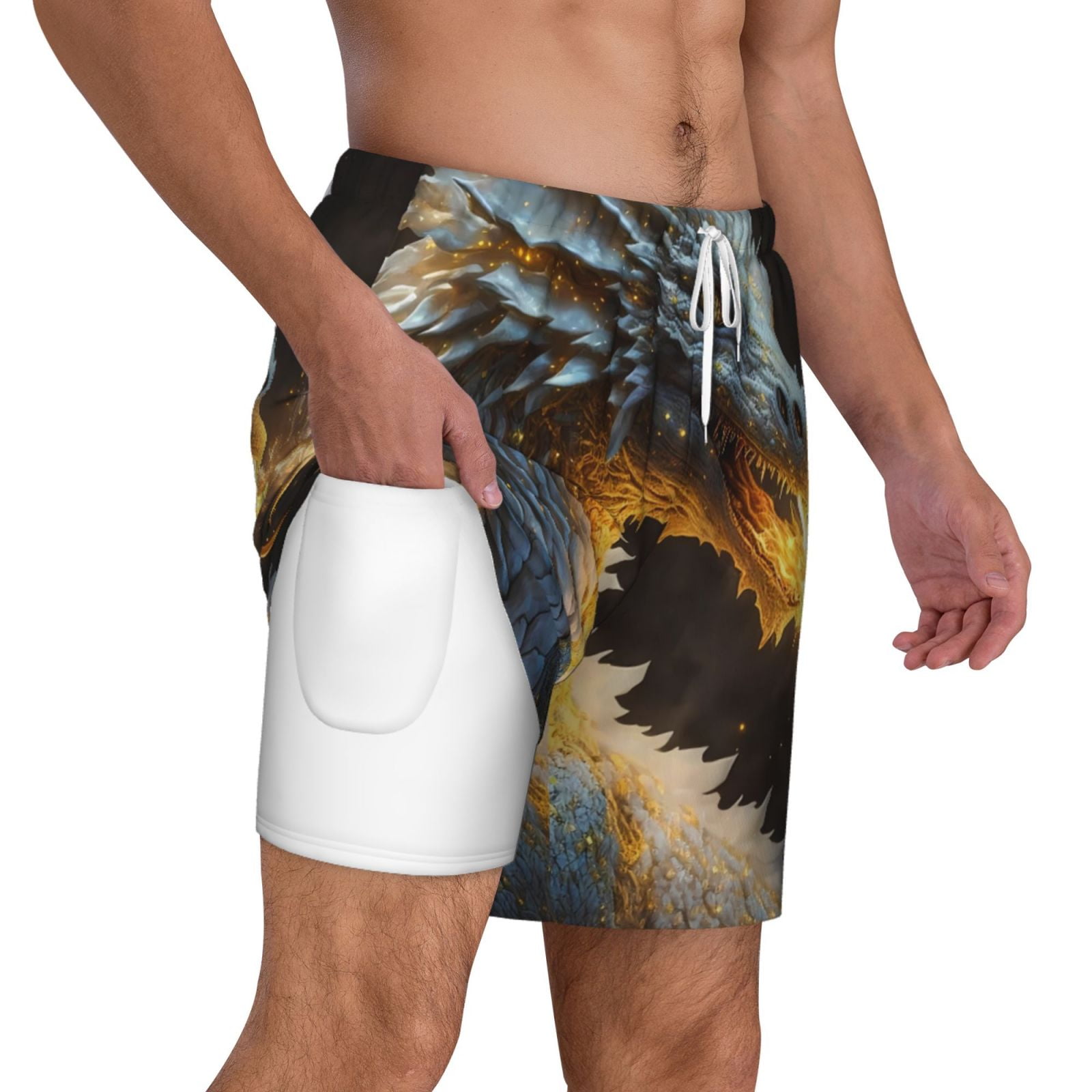 Uemuo Golden White Fire Dragon Pattern Mens Swim Trunks Quick Dry Board ...