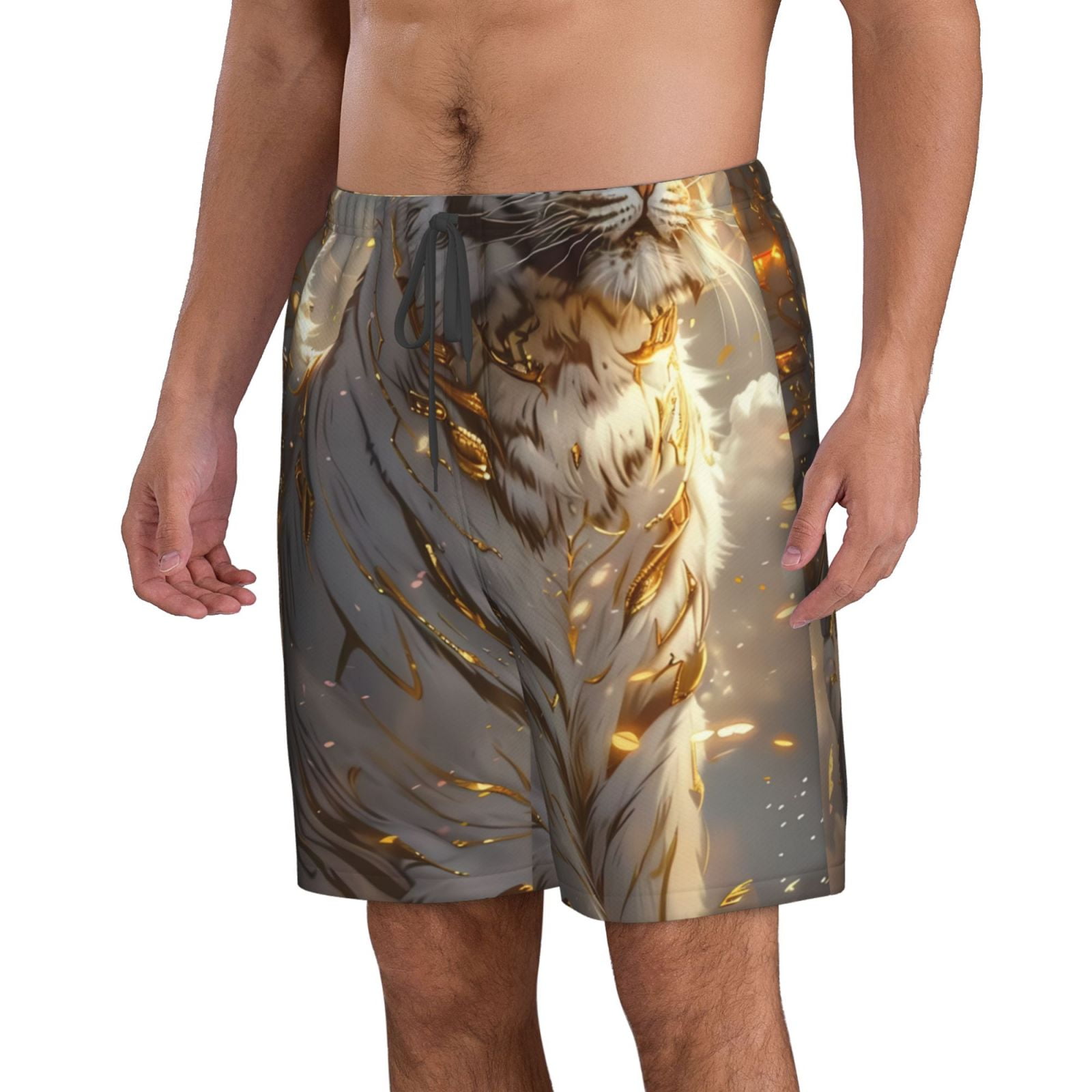 Uemuo Golden White Tiger Pattern Men's Swim Trunks Hawaiian Beach ...
