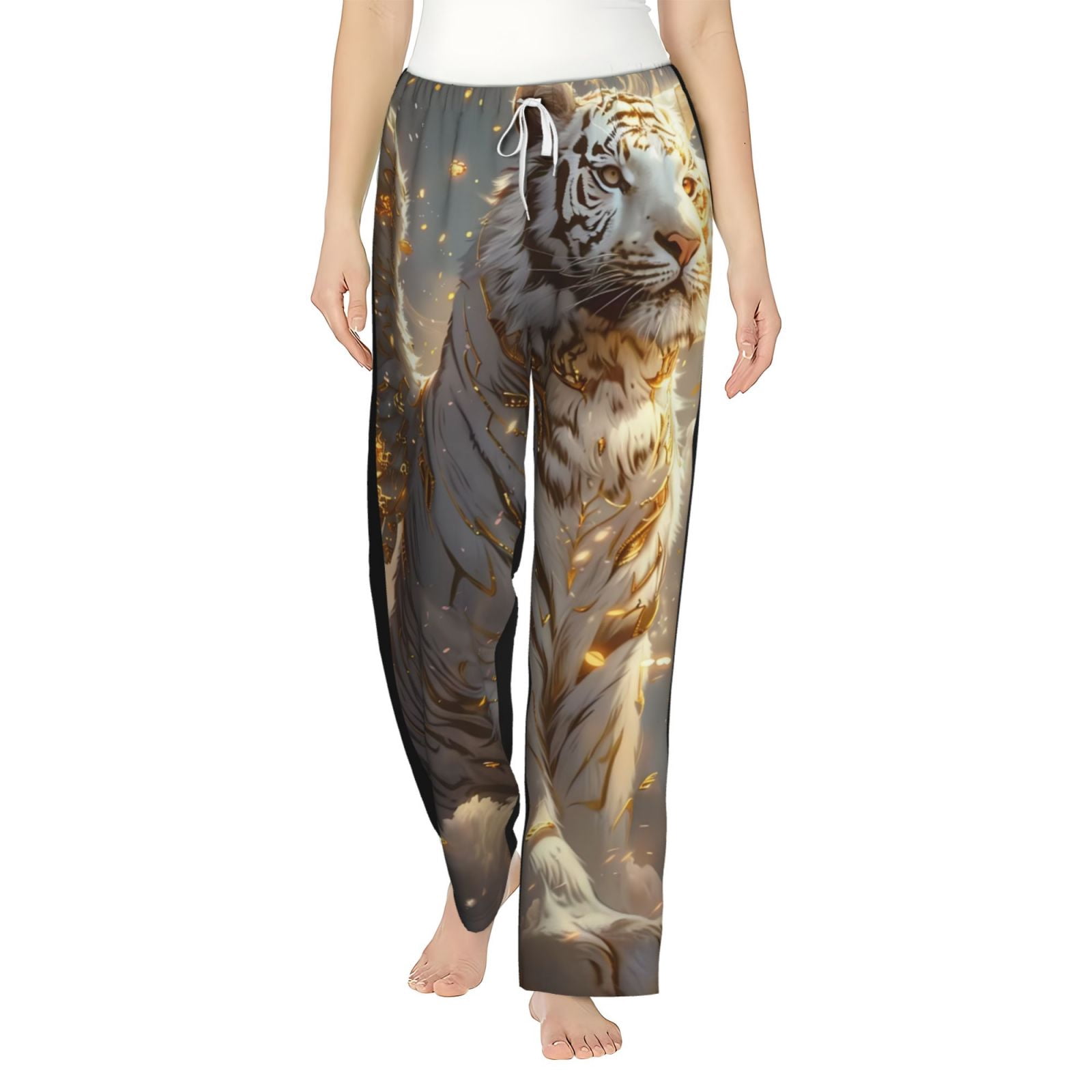 Uemuo Golden White Tiger Pattern Women's Wide Leg Palazzo Lounge Pants ...