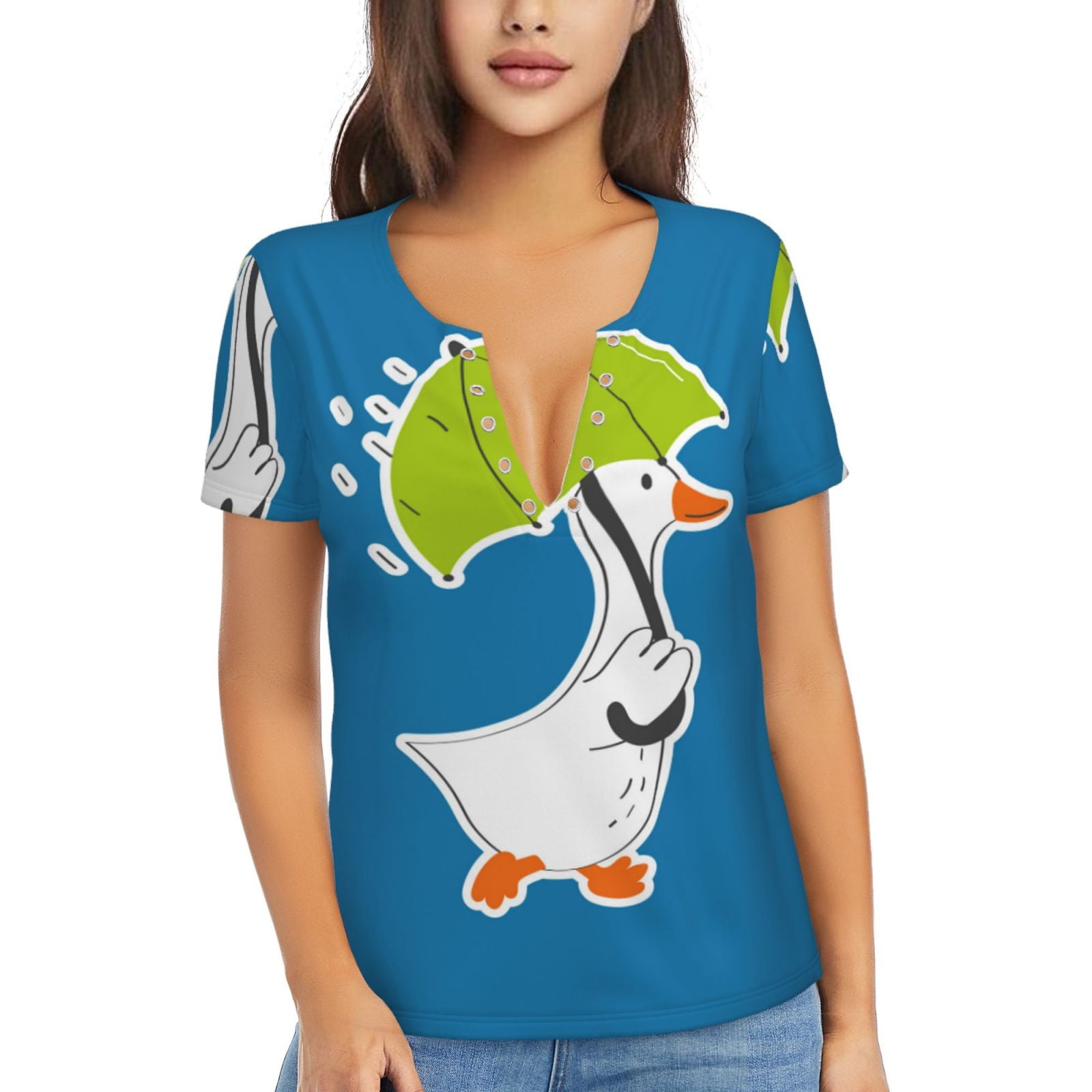 Uemuo Goose Holding an Umbrella Drawing Women's Deep V-Neck Low Cut ...