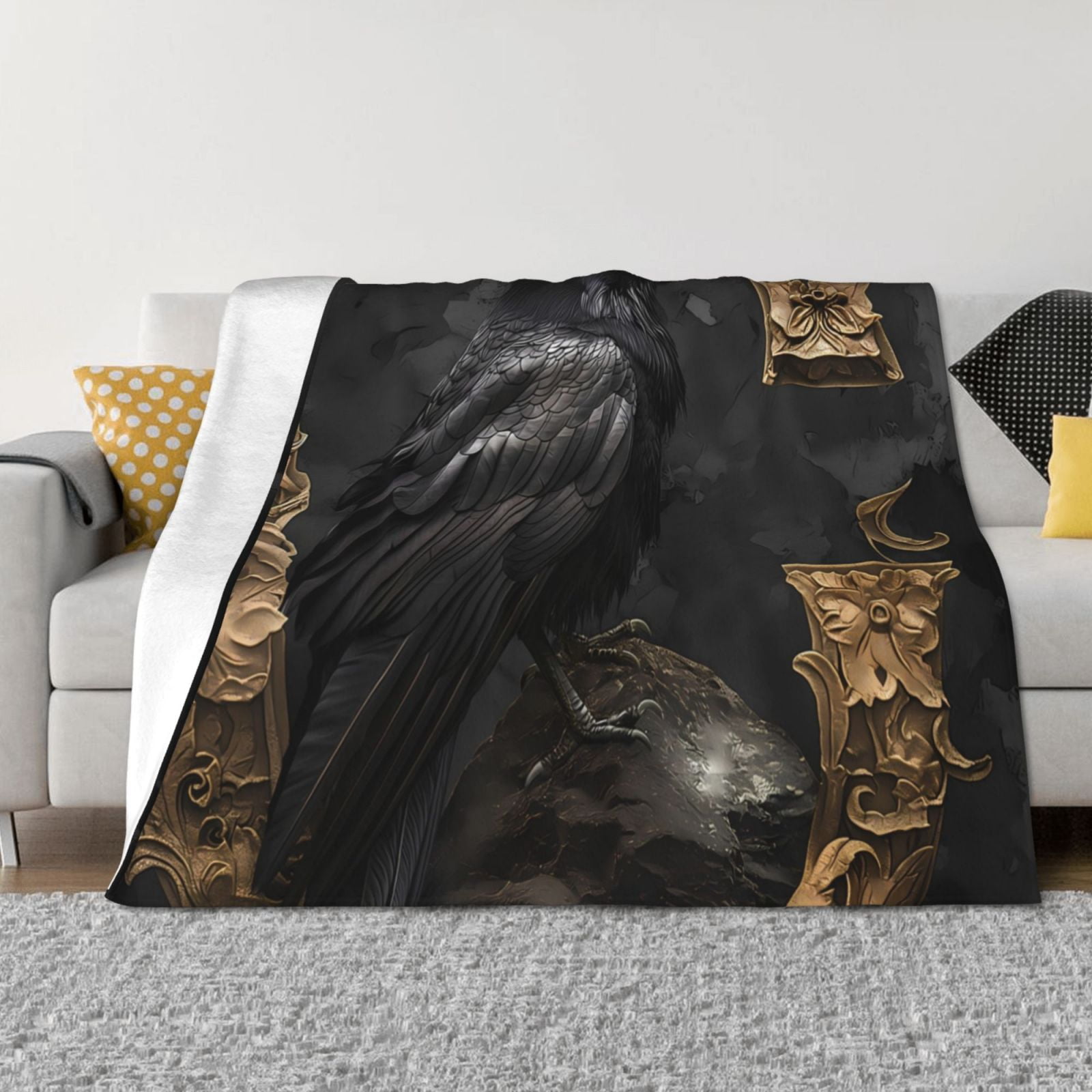 Uemuo Gothic Raven Portrait Printed Throw Blanket for Couch, Fluffy ...