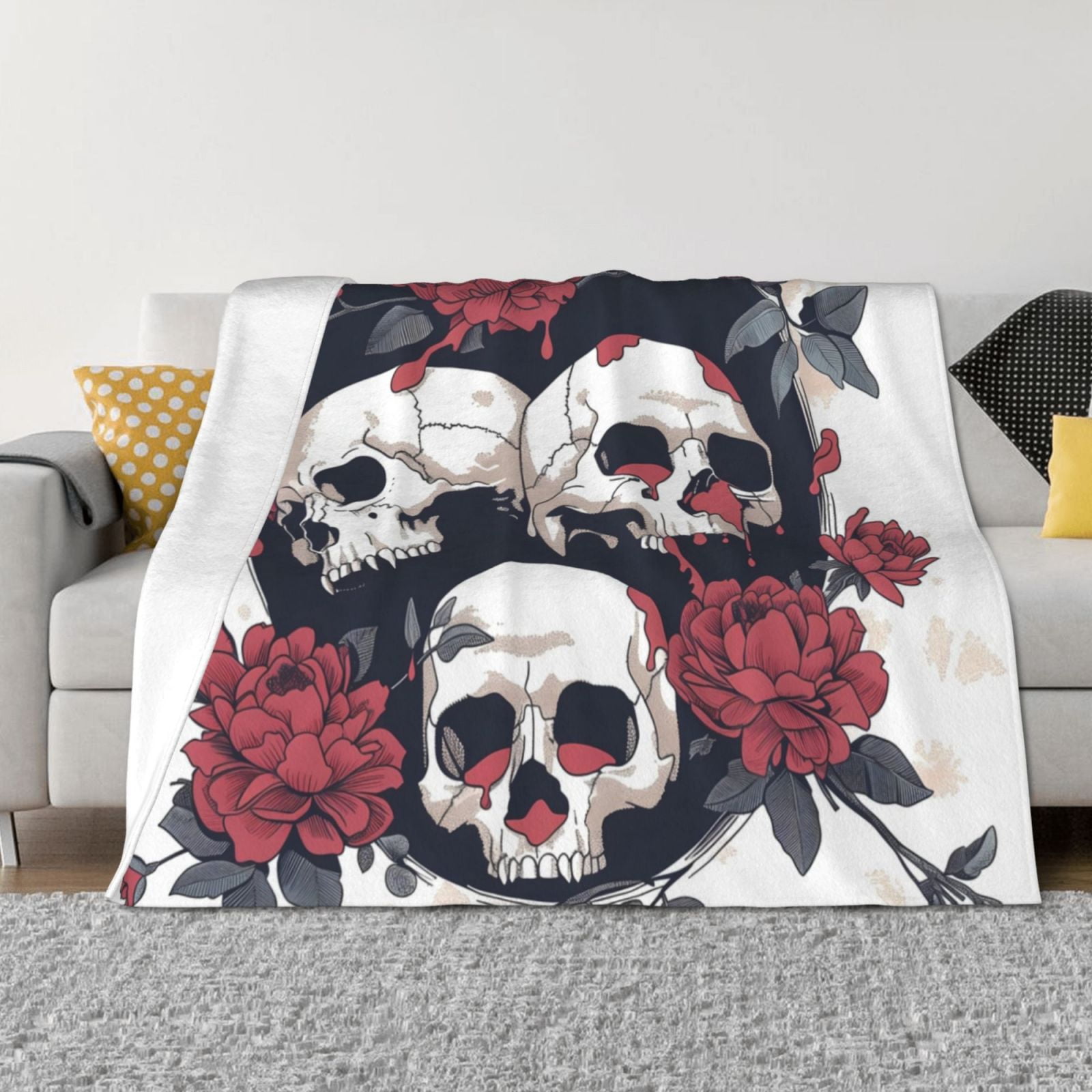 Uemuo Gothic Skulls And Roses Printed Throw Blanket for Couch, Fluffy ...