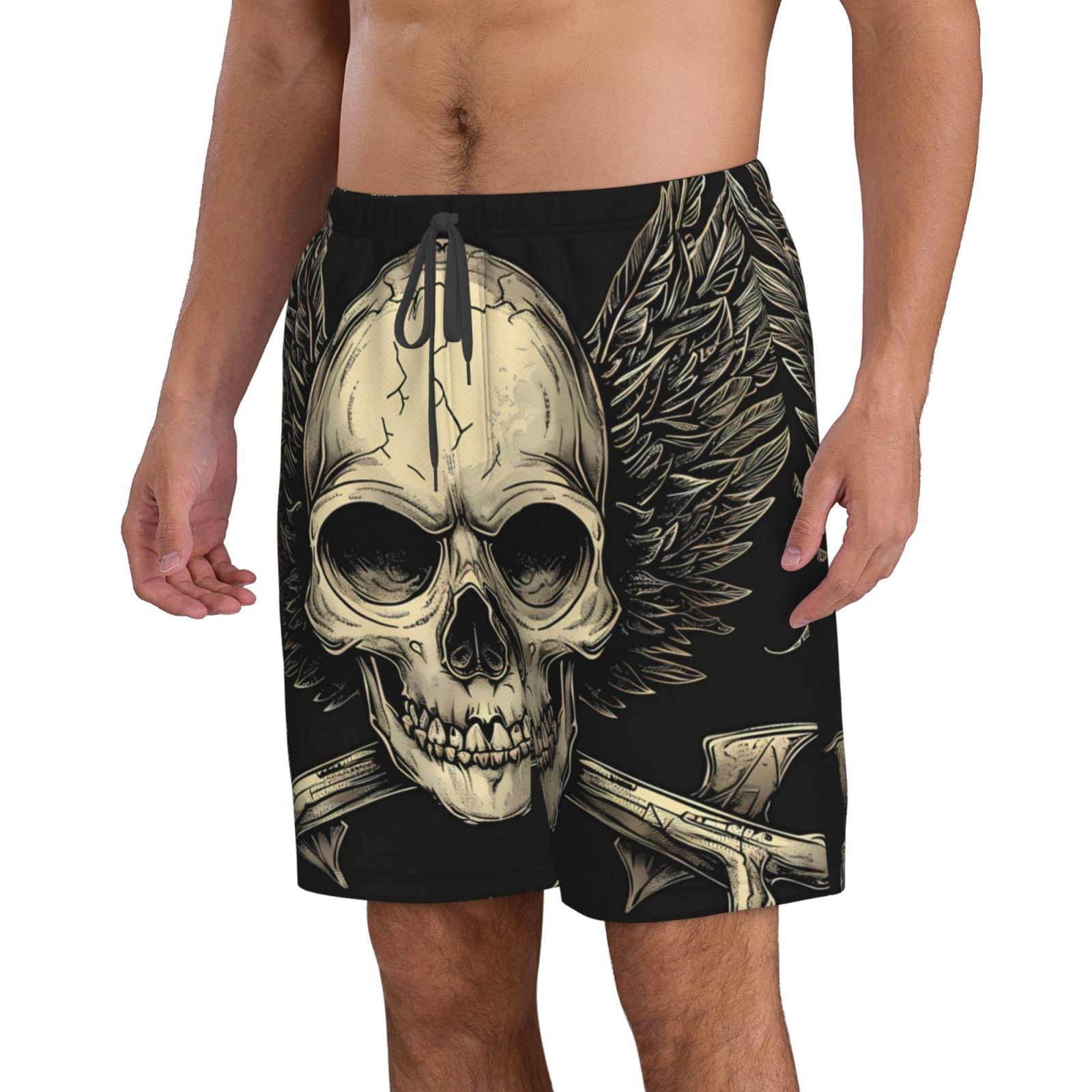 Uemuo Gothic Winged Skull Pattern Men's Swim Trunks Hawaiian Beach ...