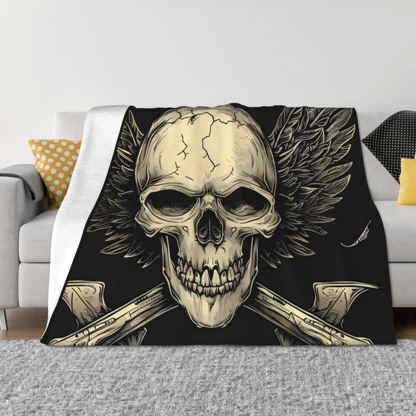 Uemuo Gothic Winged Skull Printed Throw Blanket for Couch, Fluffy Fuzzy ...